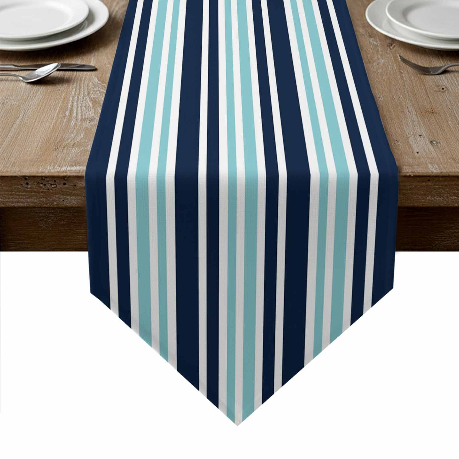 Navy Blue Turquoise Striped Table Runner Linen Burlap Table Runner 72 ...