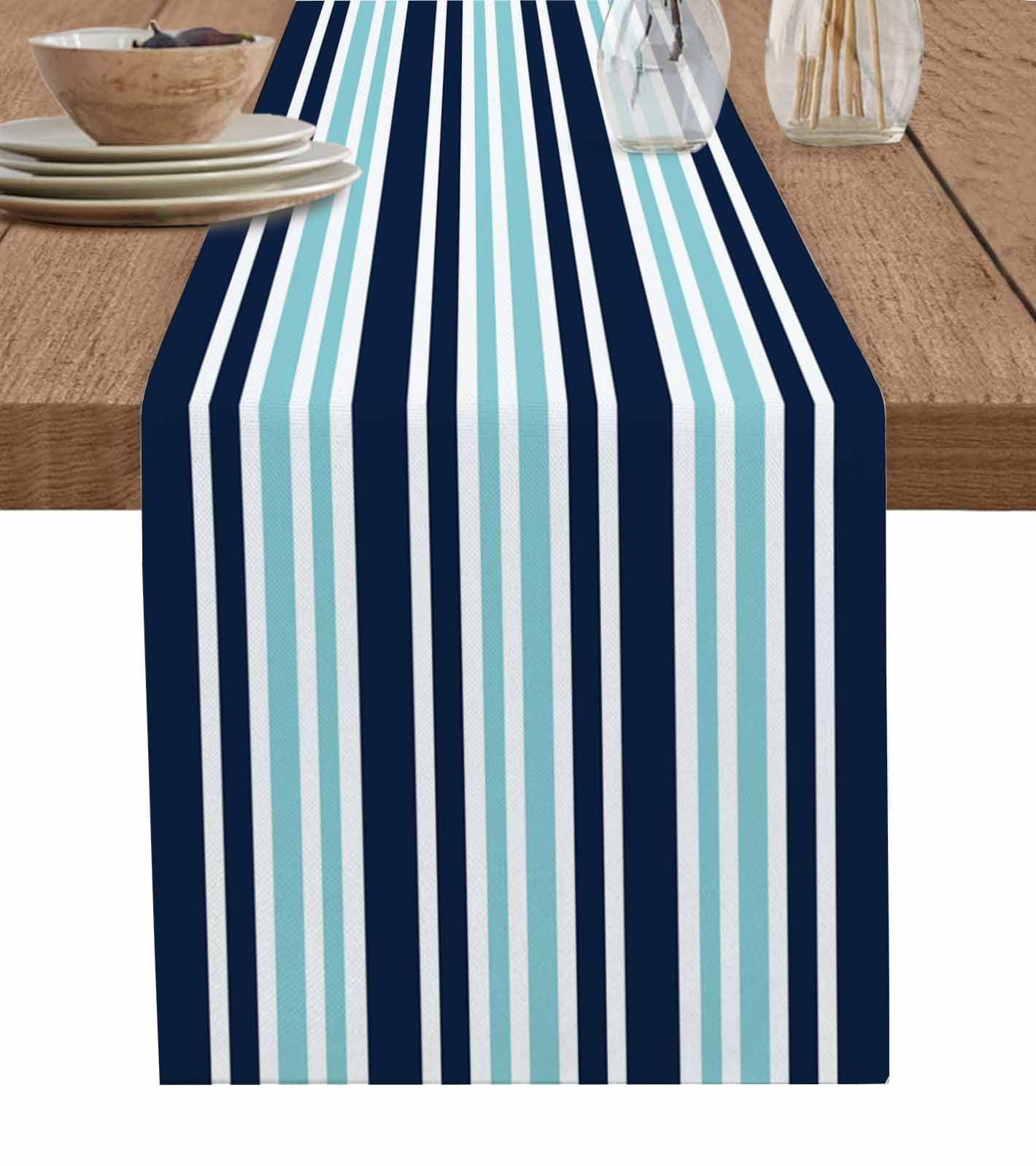 Navy Blue Turquoise Striped Table Runners 72 Inches Long, Cotton Linen ...