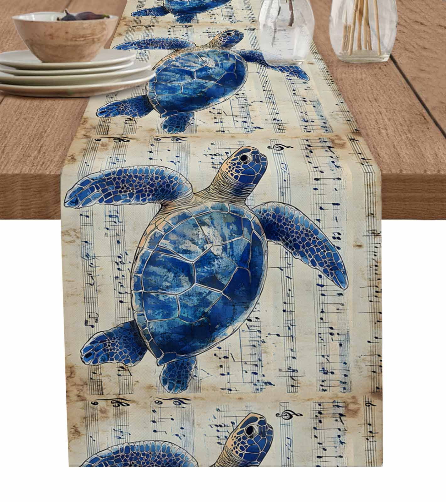Navy Blue Turtle Coastal Table Runner 90 Inches, Nautical Summer Ocean ...