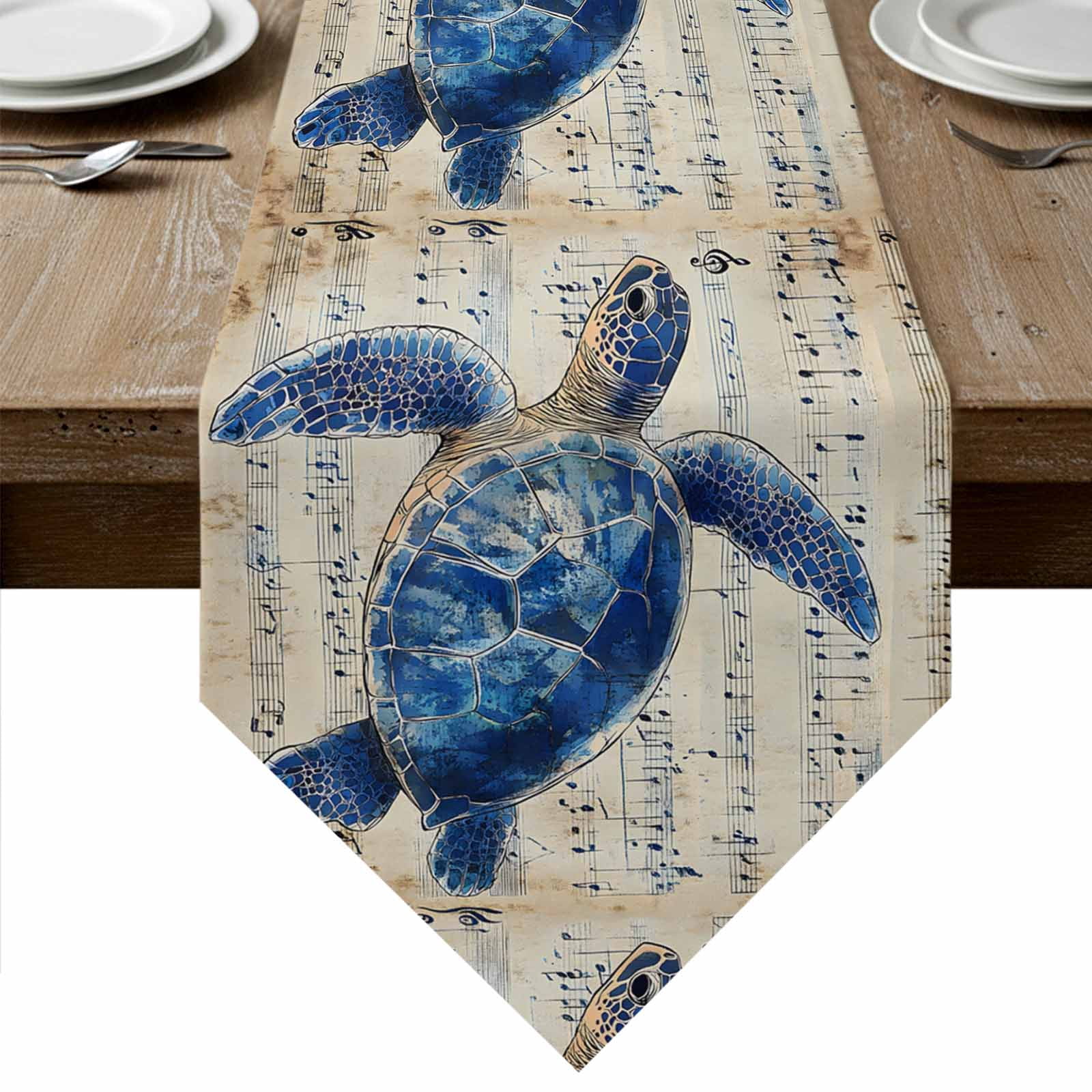 Navy Blue Turtle Coastal Table Runner Linen Burlap Table Runner 60 ...