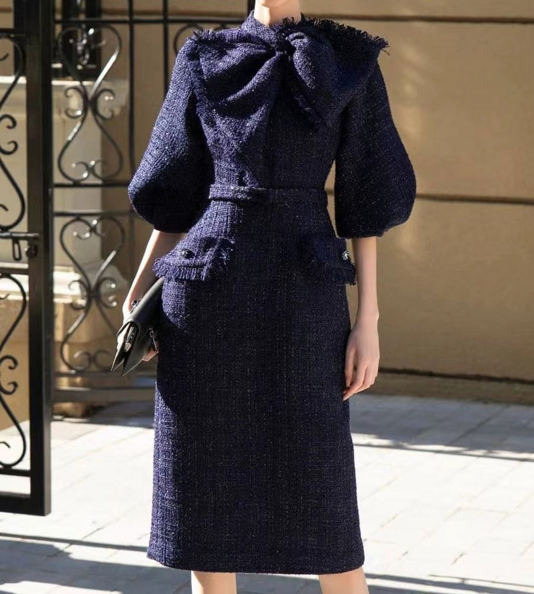Navy Blue Tweed Dress Women Vintage Autumn Winter Puff Sleeve Elegant ...