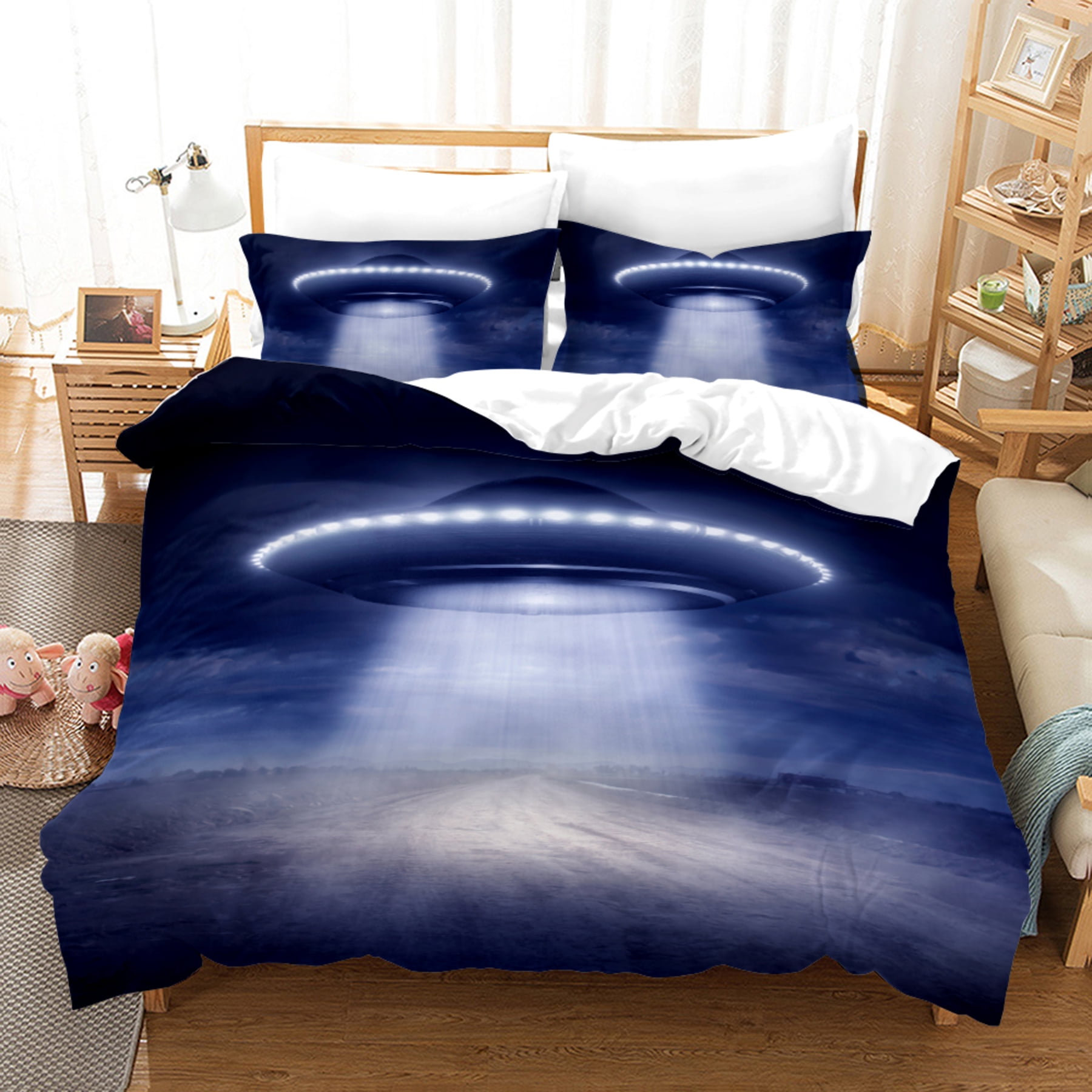 Navy Blue UFO Duvet Cover Set SpaceThemed Bedding with Bright Light ...