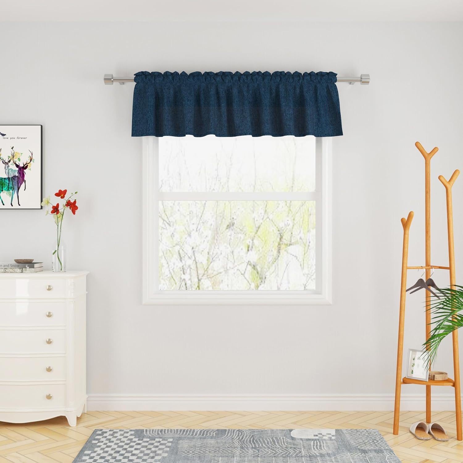 Navy Blue Valance Curtains 14 inches Long Linen Textured Curtain ...