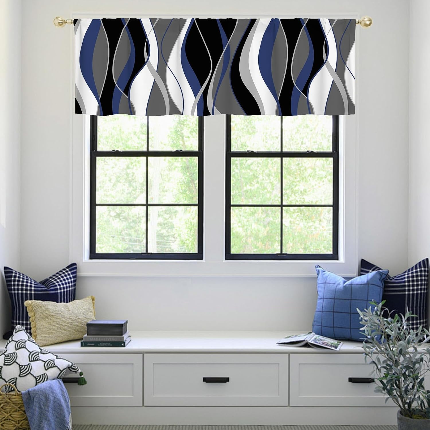 Navy Blue Valance Curtains for Living Room, Abstract Geometric Pattern ...
