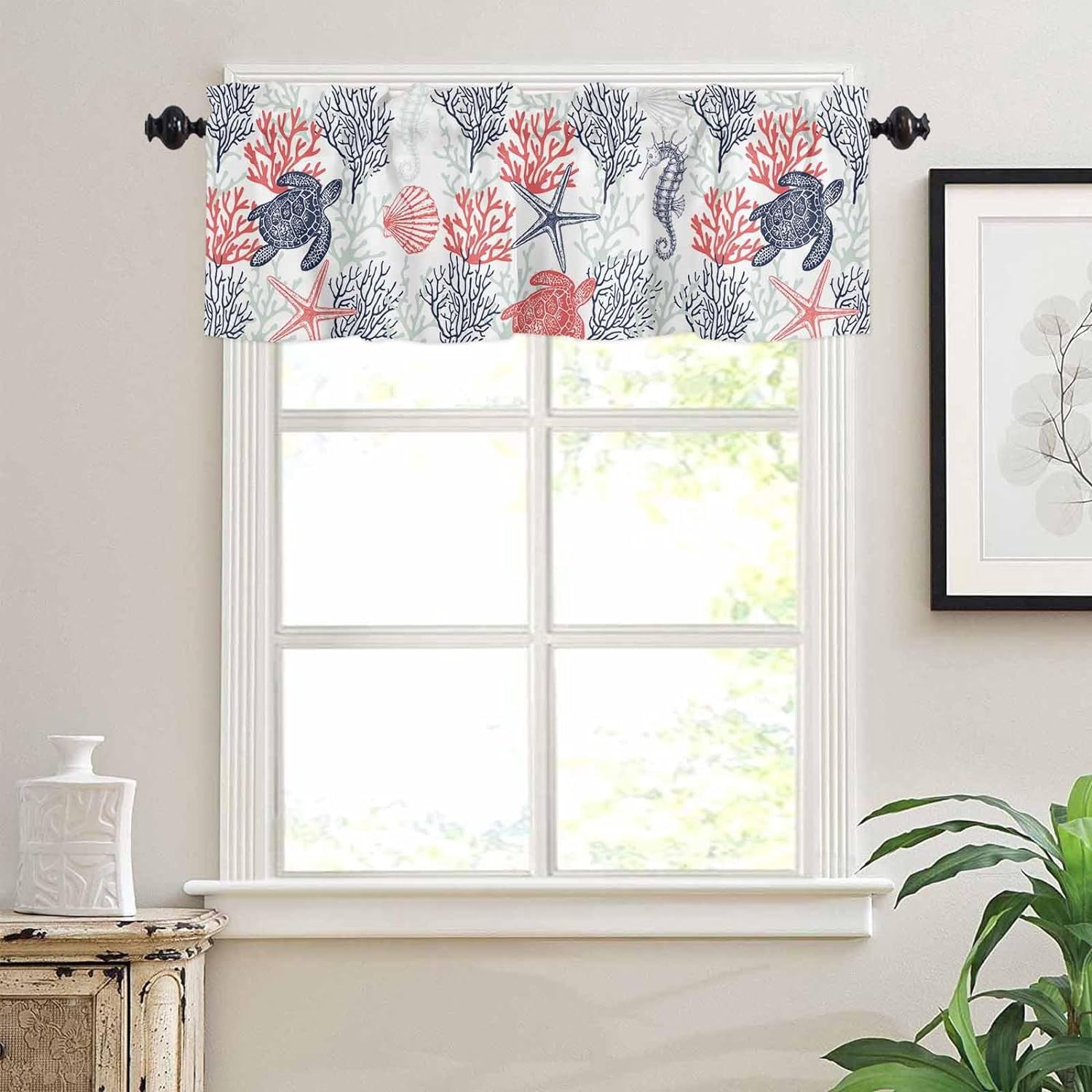 Navy Blue Valance Curtains Summer Turtle Starfish Coral Chicken ...