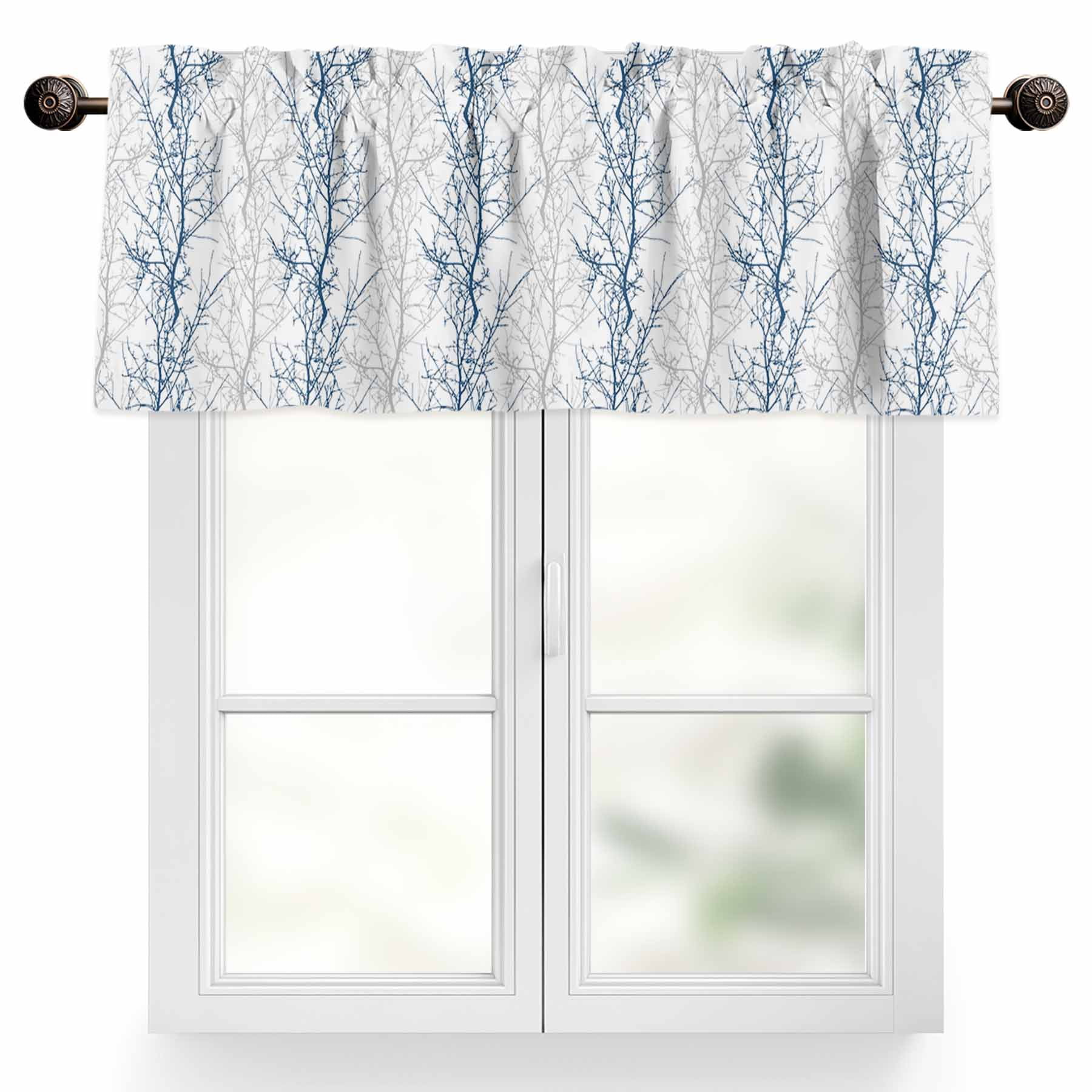 Navy Blue Valances for Windows, 54 x 18in, Grey Tree Branch Rod Pocket ...