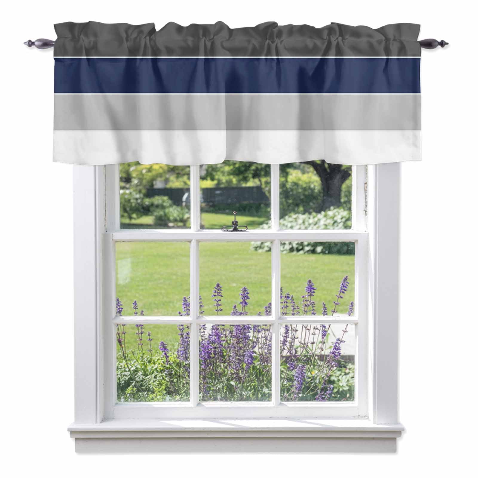 Navy Blue Valances for Windows, Grey and White Striped Geometric ...