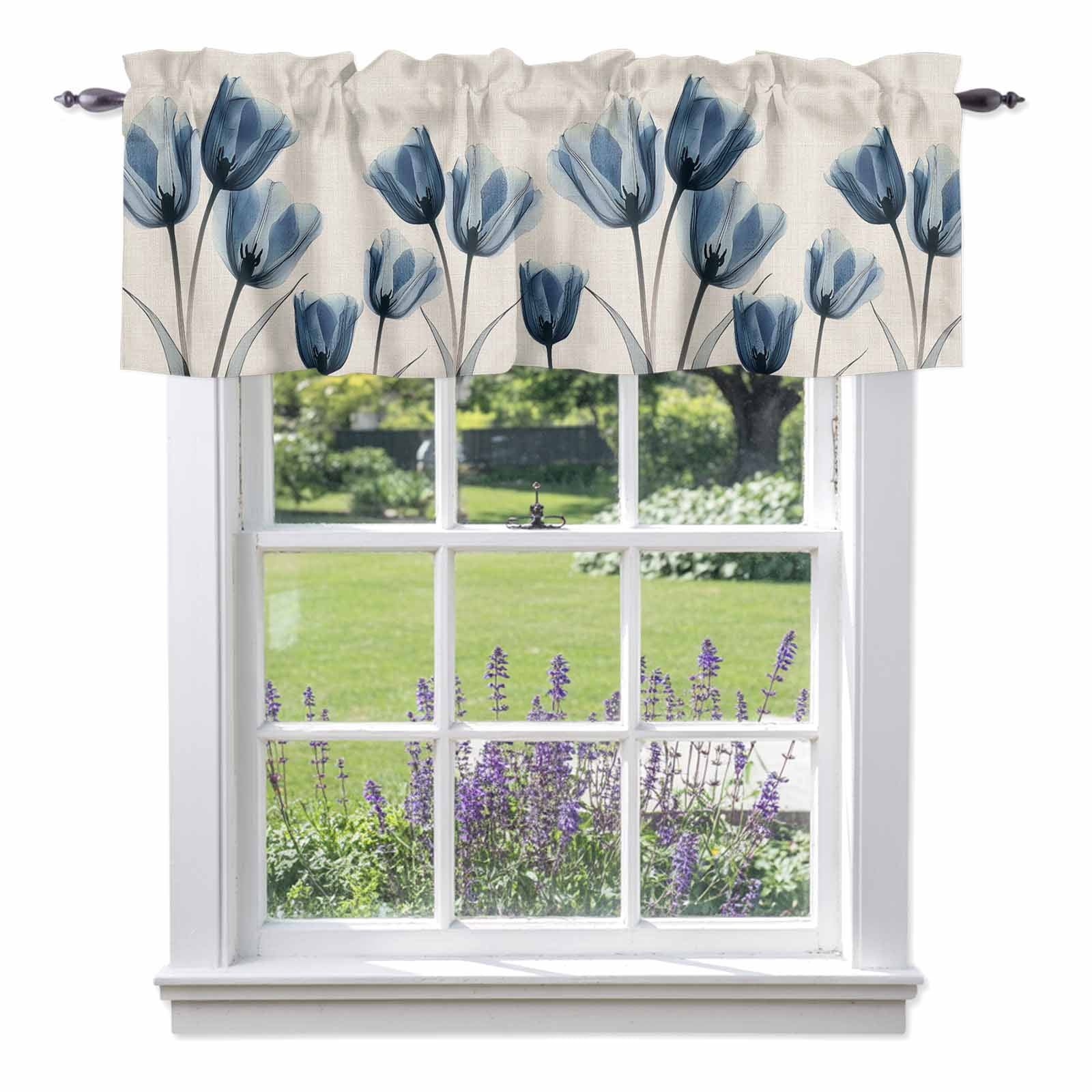 Navy Blue Valances for Windows, Tulip Minimalist Modern Flower Art ...