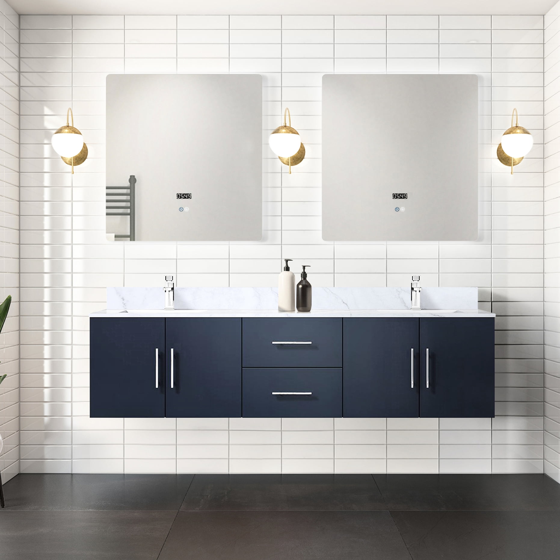 Navy Blue Vanity With Marble Top & 30 In. Led Mirrors - 72 W, Ample ...