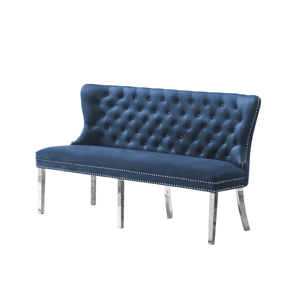 Navy Blue Velvet Bench with Tufted Seat and Silver Stainless Steel Legs ...