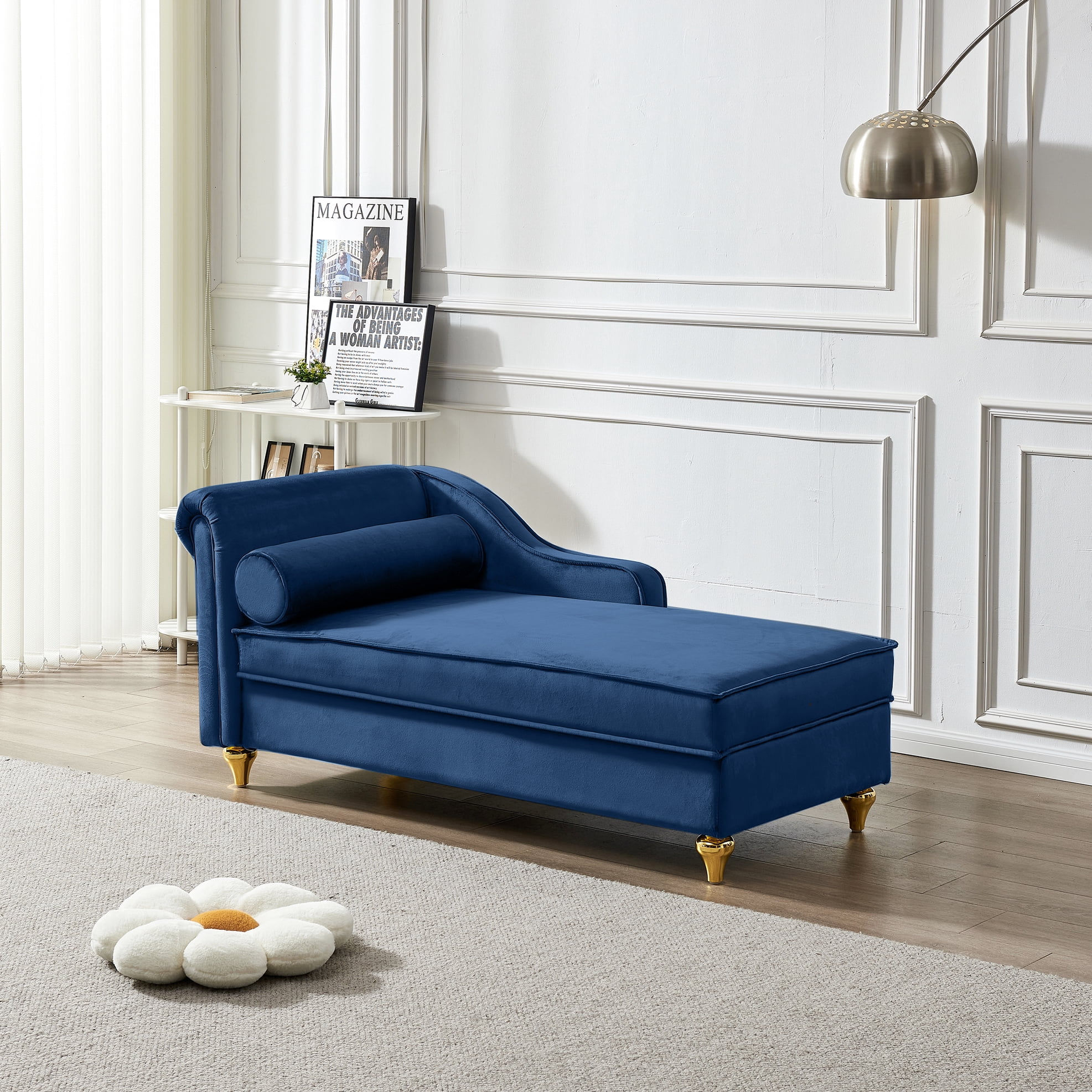 Navy Blue Velvet Chaise Lounge With Practical Storage - Comfortable ...