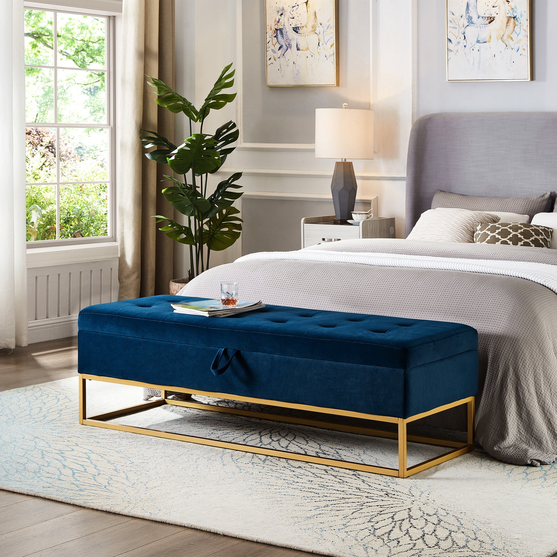 Navy Blue Velvet, Comfortable Foam Filler - Ideal Bench for Limited ...