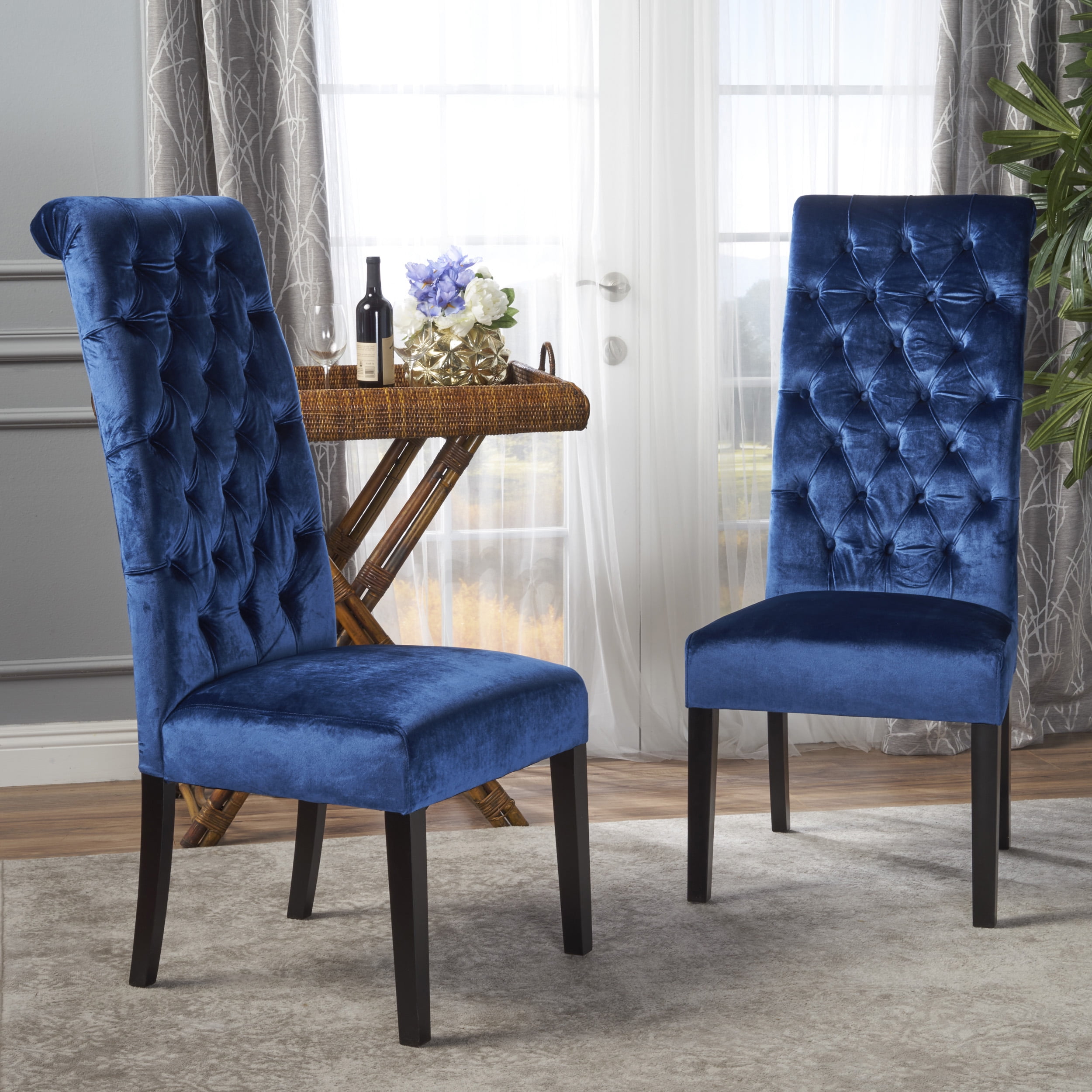 Navy Blue Velvet Dining Chairs with Tufted Backs, Set of 2, Comfortable ...