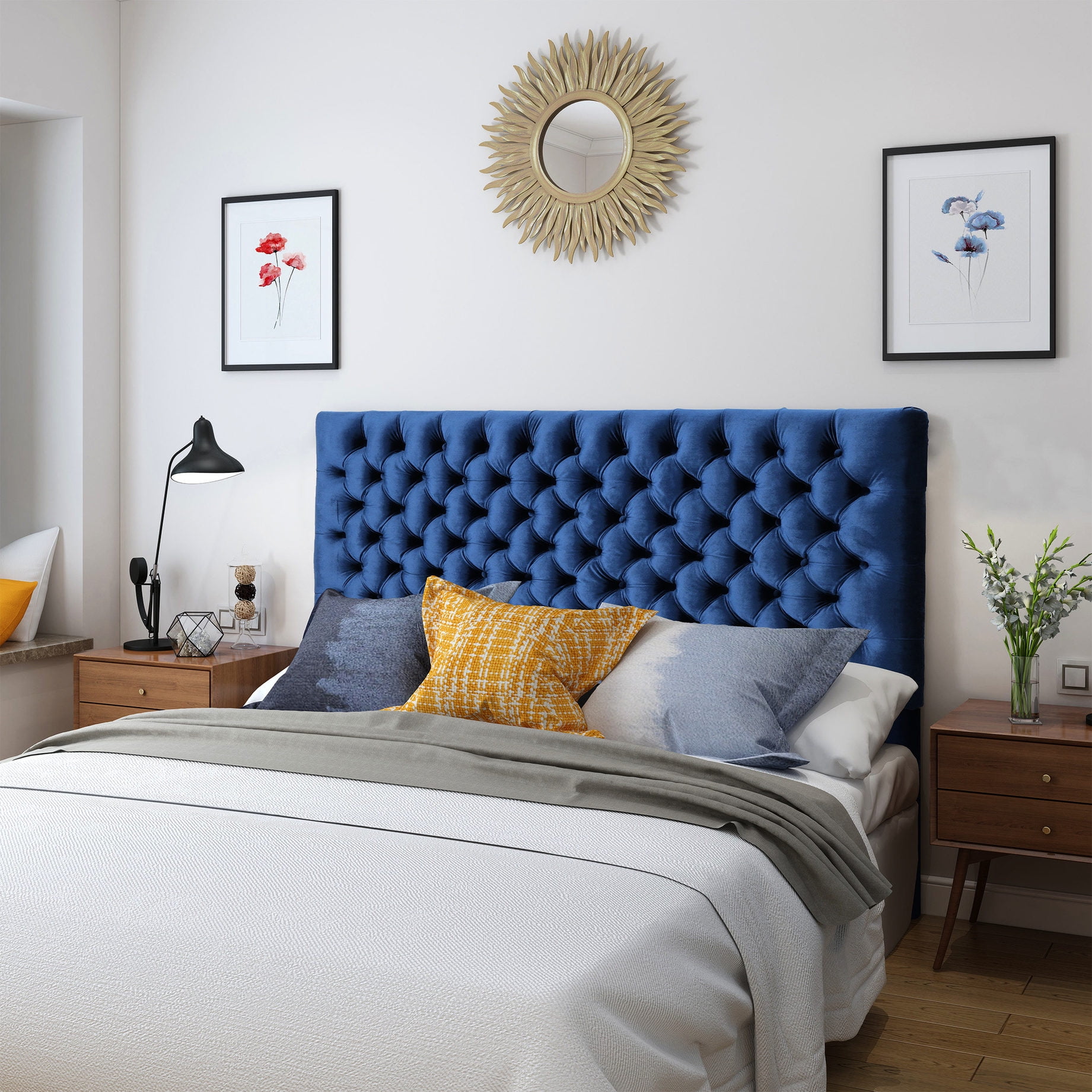 Navy Blue Velvet Headboard, Adjustable For Queen Size Bed, Button ...