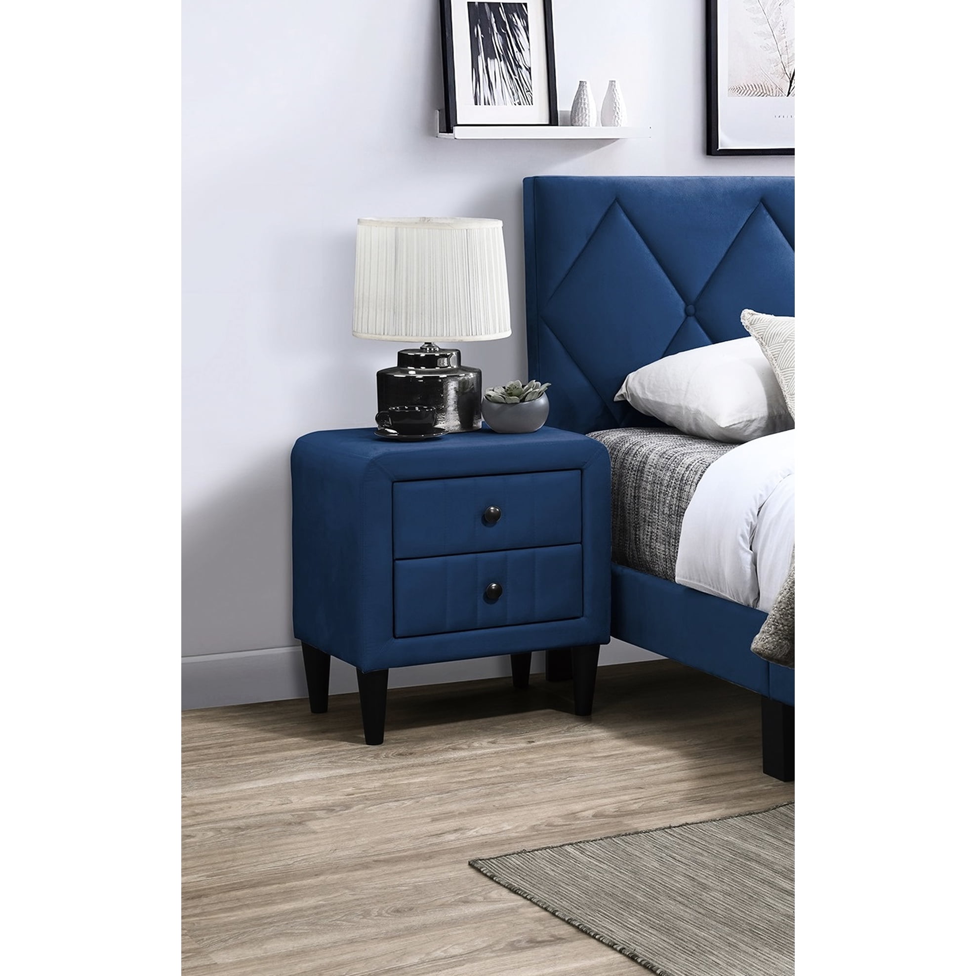 Navy Blue Velvet Nightstand With 2 Drawers And Elegant Detailing 2 ...