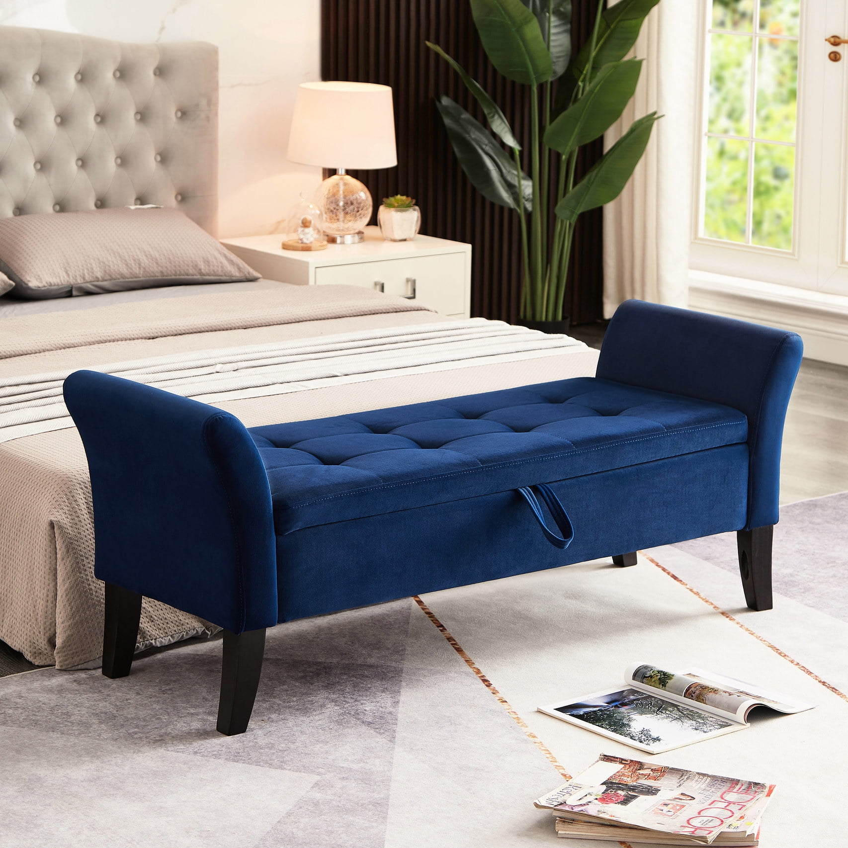 Navy Blue Velvet Shoe Bench with 51.5" Width - Easy Assembly for ...