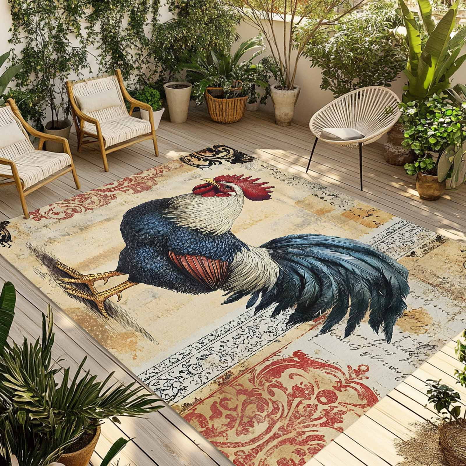 Navy Blue Vintage Rooster Outdoor Rug 5x7 Ft - Reversible Patio Rug ...