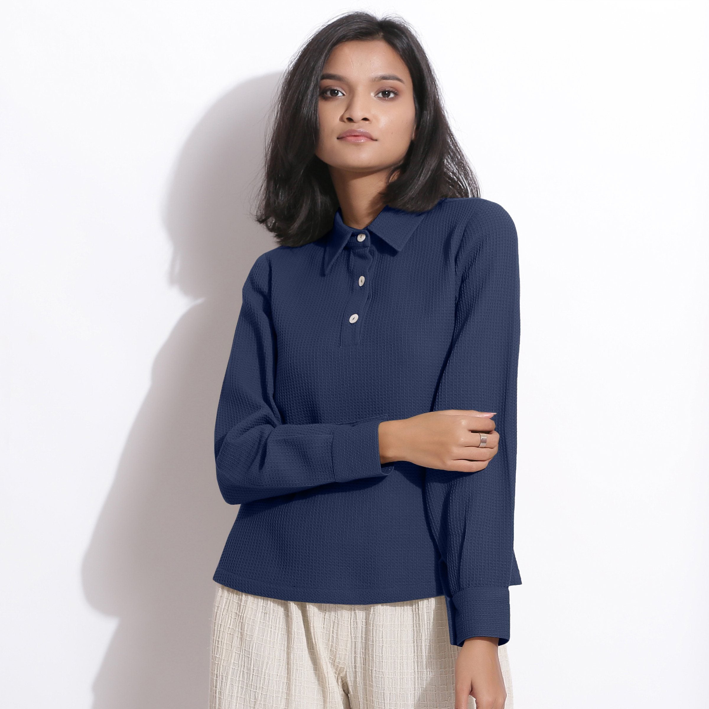 Navy Blue Warm Cotton Honeycomb Waffle Polo Shirt - Walmart.com