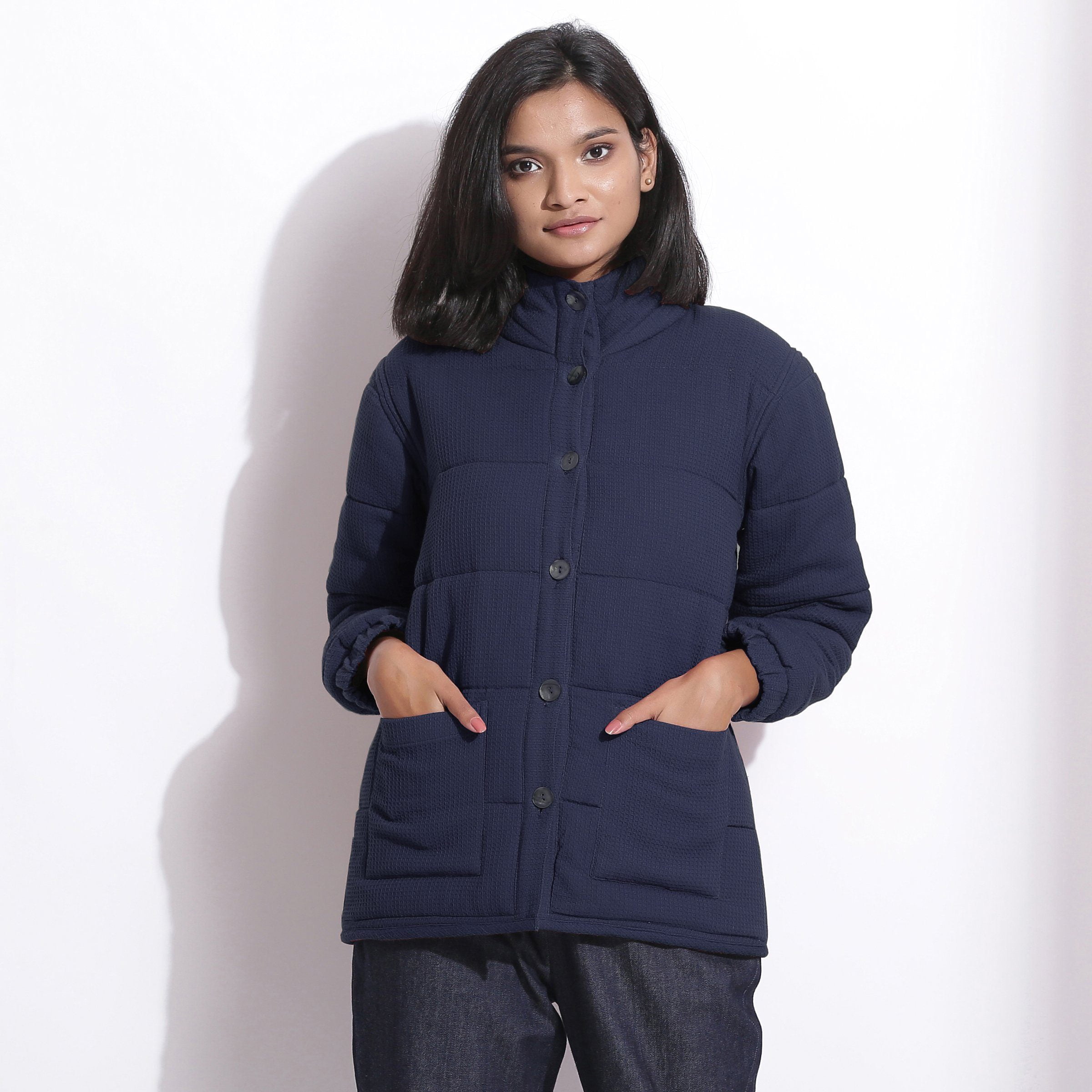 Navy Blue Warm Cotton Waffle Quilted Puffer Jacket - Walmart.com