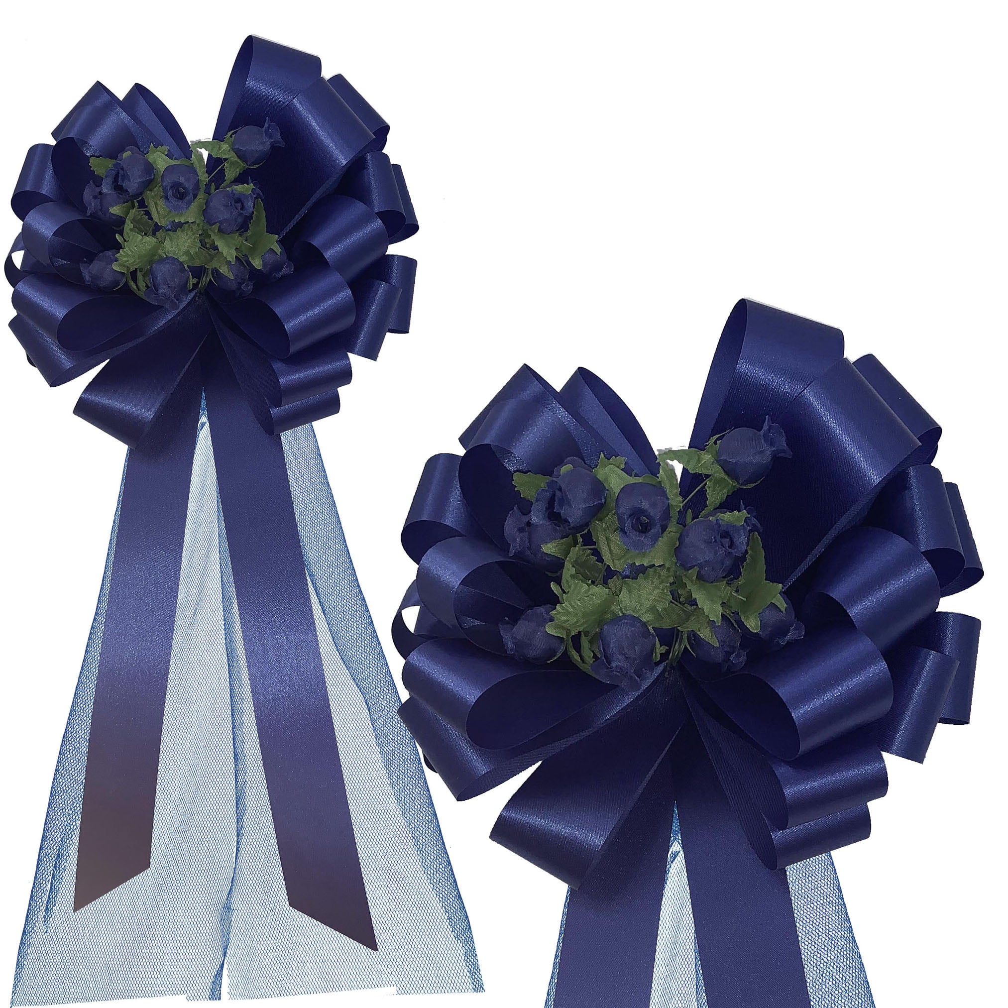 Navy Blue Wedding Pull Bows with Tulle Tails and Rosebuds - 8" Wide ...