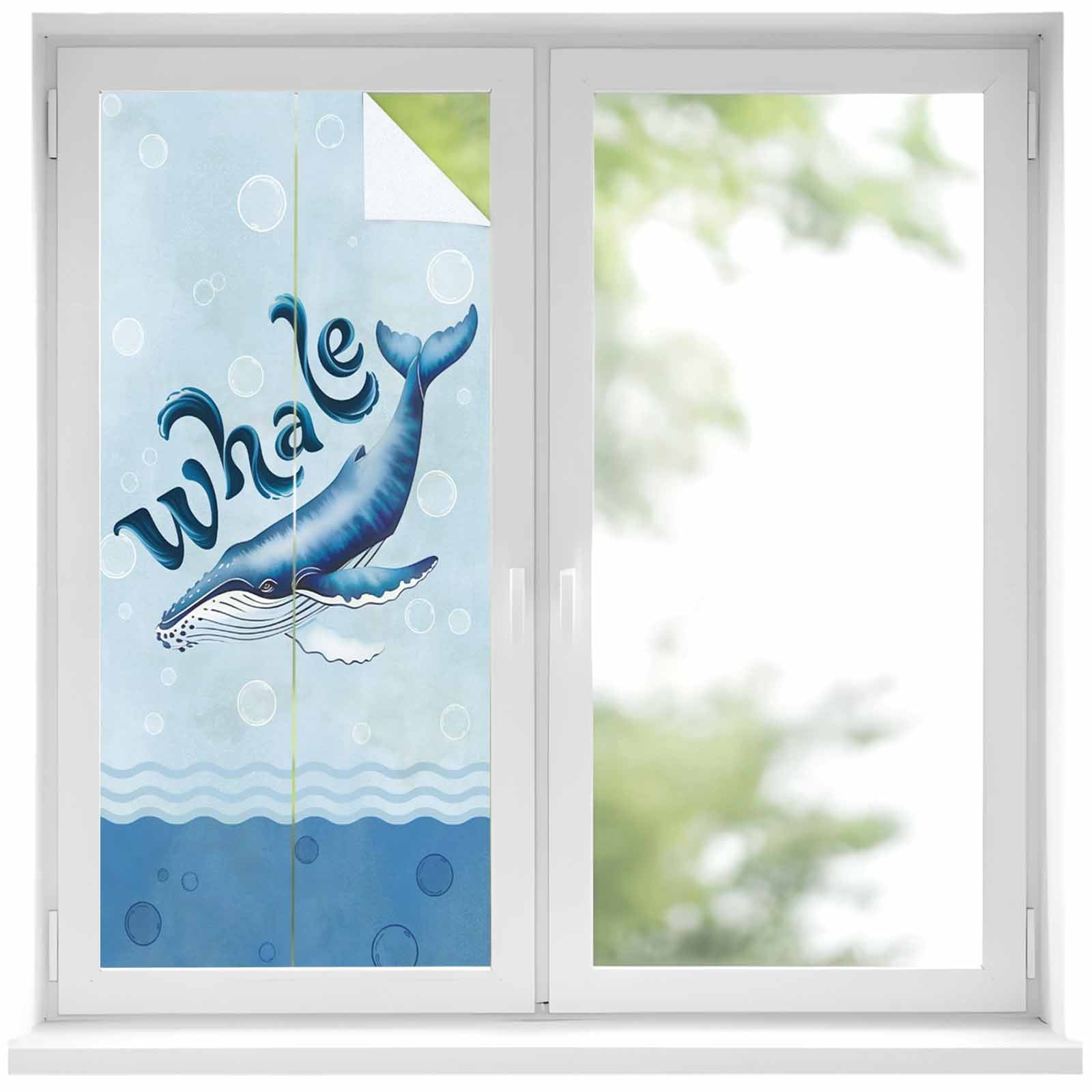 Navy Blue Whale Window Privacy Film, Summer Coastal Bubbles Ocean Waves ...