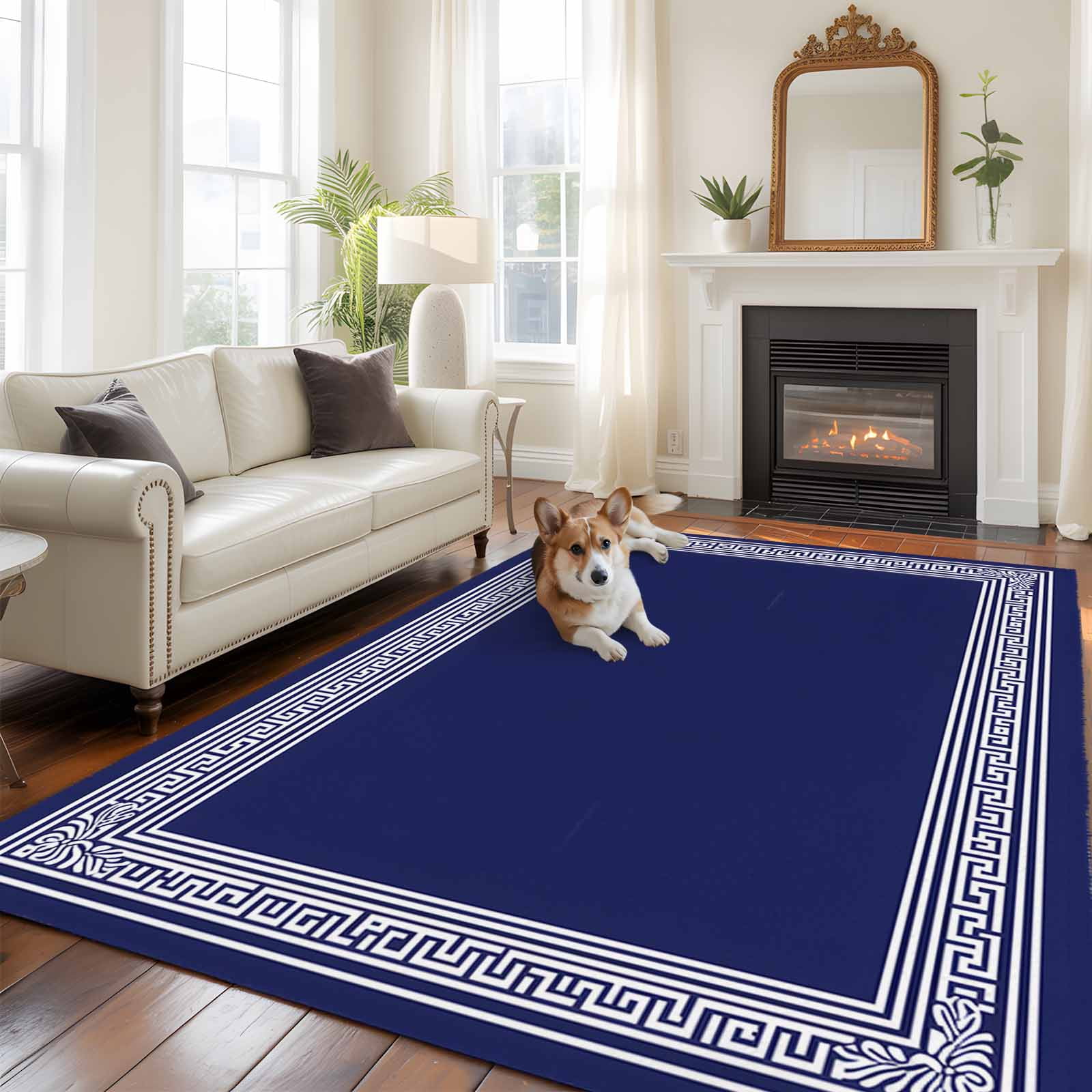 Navy Blue White 5x7 Area Rugs for Living Room, Geometric Greek Style ...
