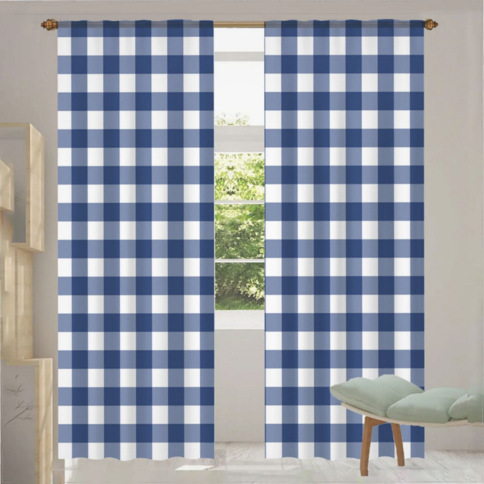 Navy Blue White Buffalo Check Geometric Plaid Curtains for Living Room ...