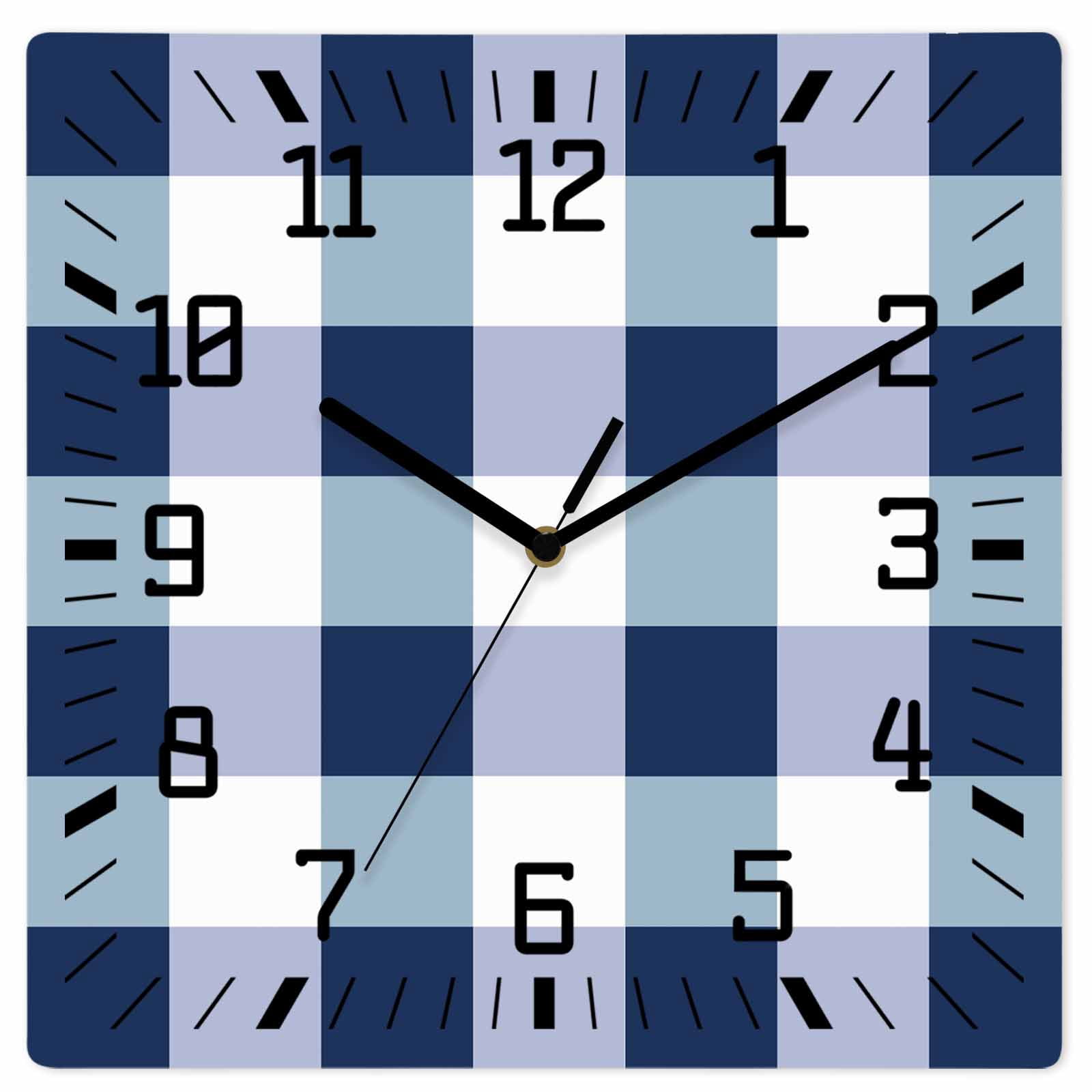 Navy Blue White Buffalo Check Wooden Wall Clock Silent Non Ticking ...