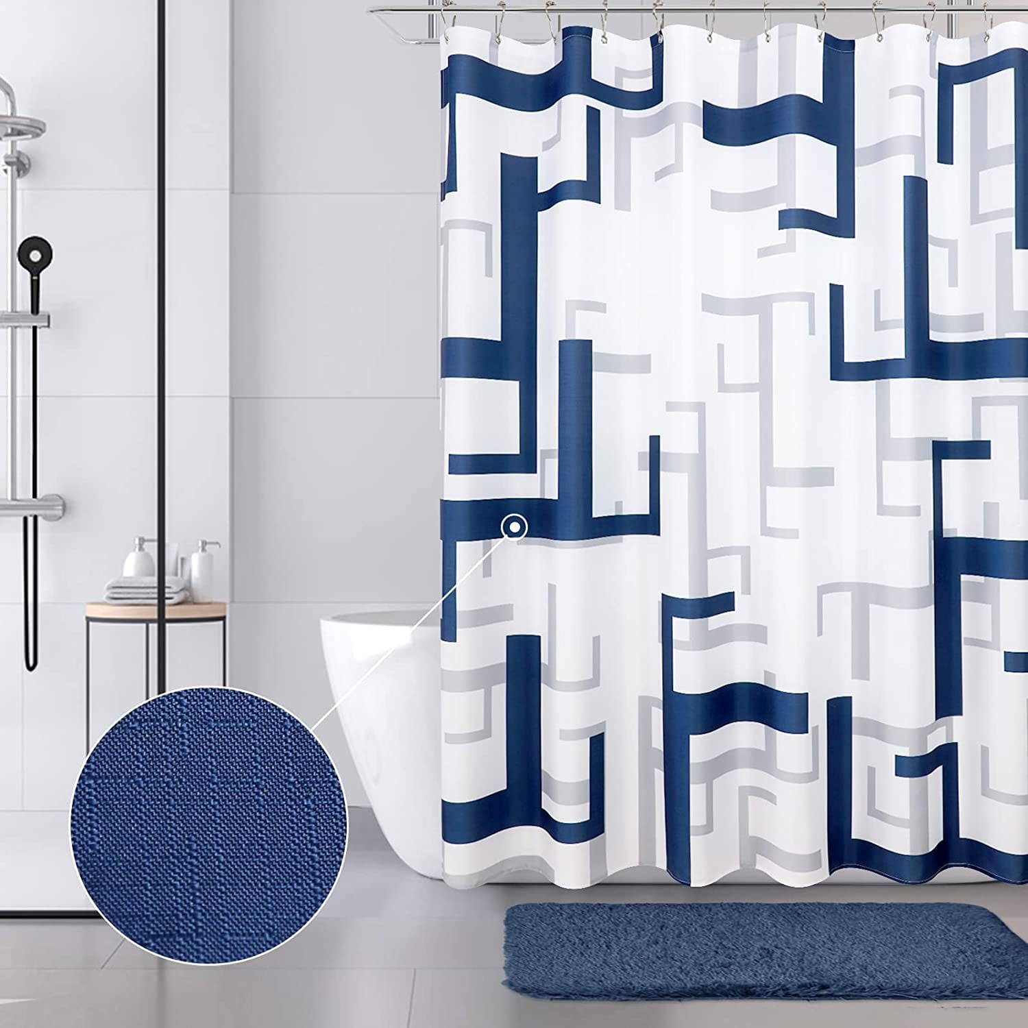 Navy Blue and White Cloth Shower Curtain with Hooks Modern Blue Grey ...
