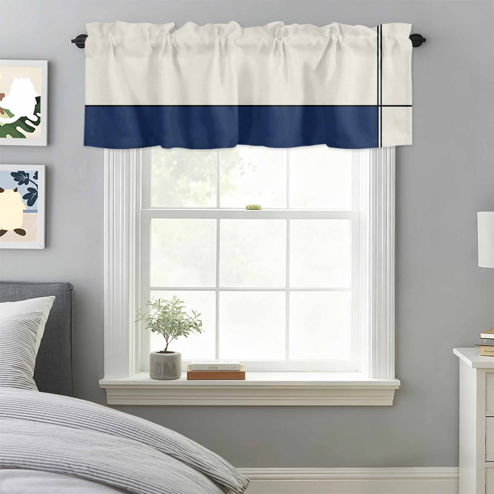 Navy Blue White Color Block Patchwork Valances for Windows,Rod Pocket ...