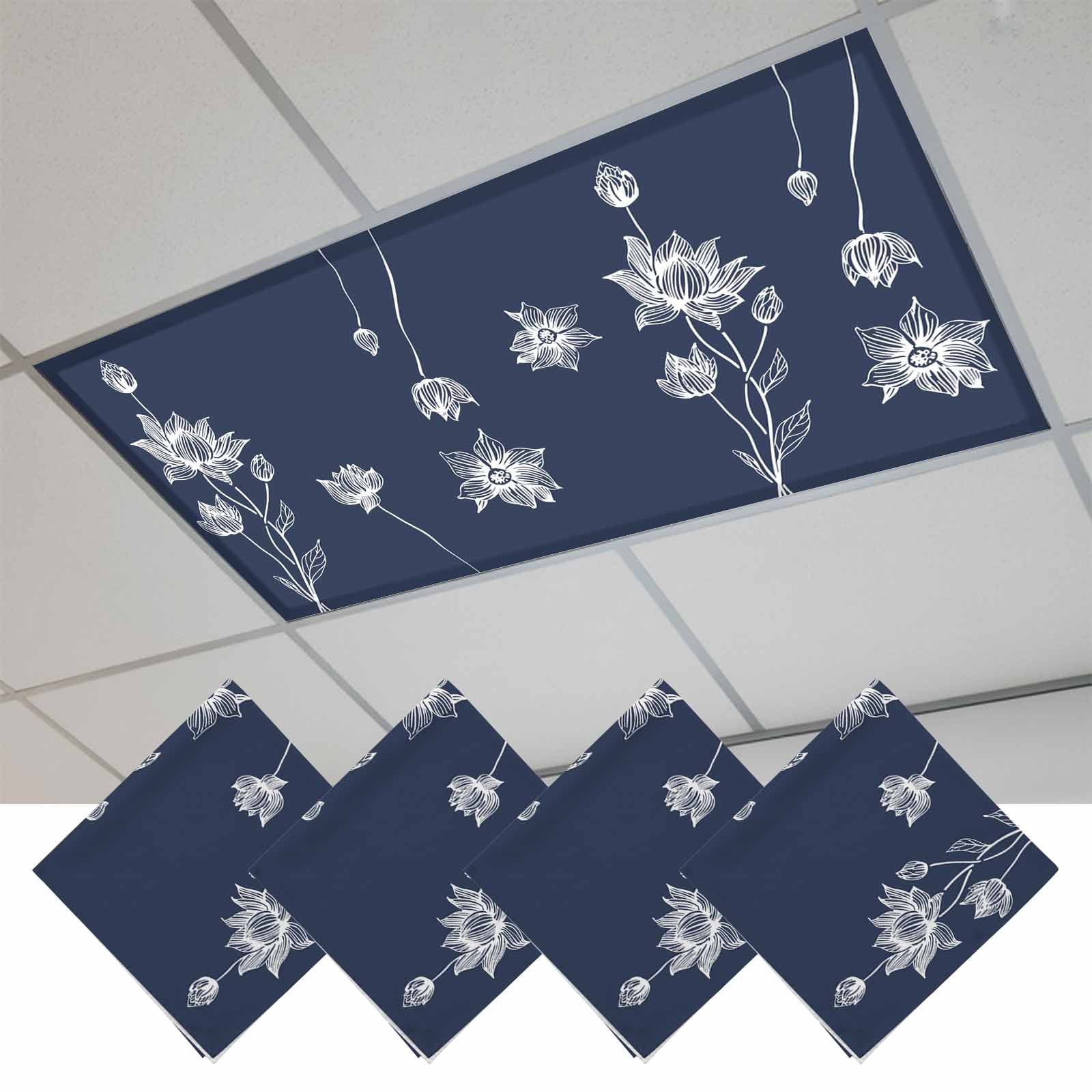 Navy Blue White Floral Fluorescent Light Covers, Abstract Art Summer ...