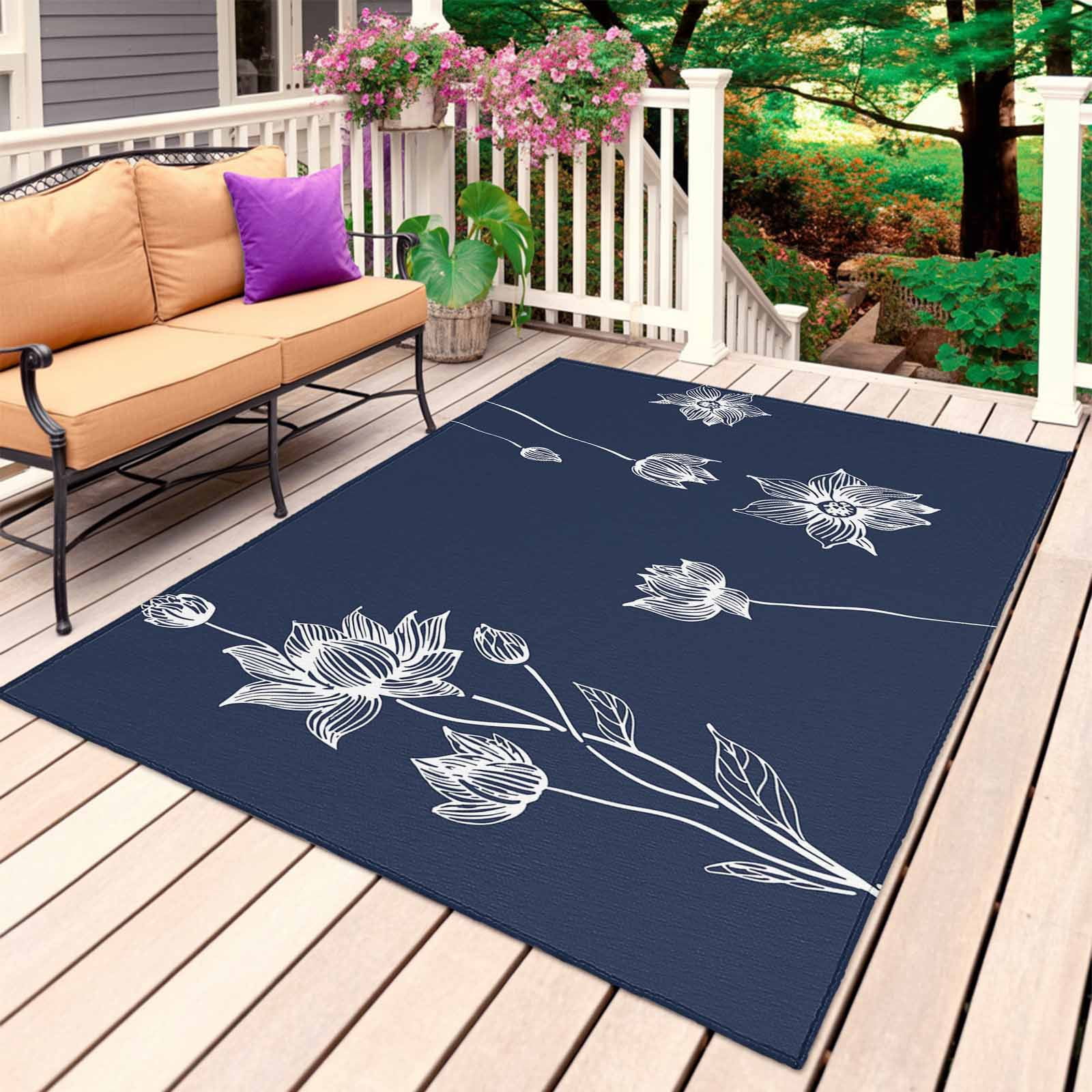 Navy Blue White Floral Outdoor Rug for Patio/Deck/Porch, Non-Slip Large ...
