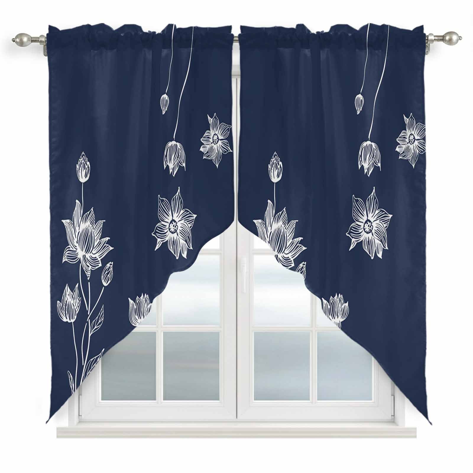 Navy Blue White Floral Swag Curtains Abstract Art Summer Botanical Swag ...