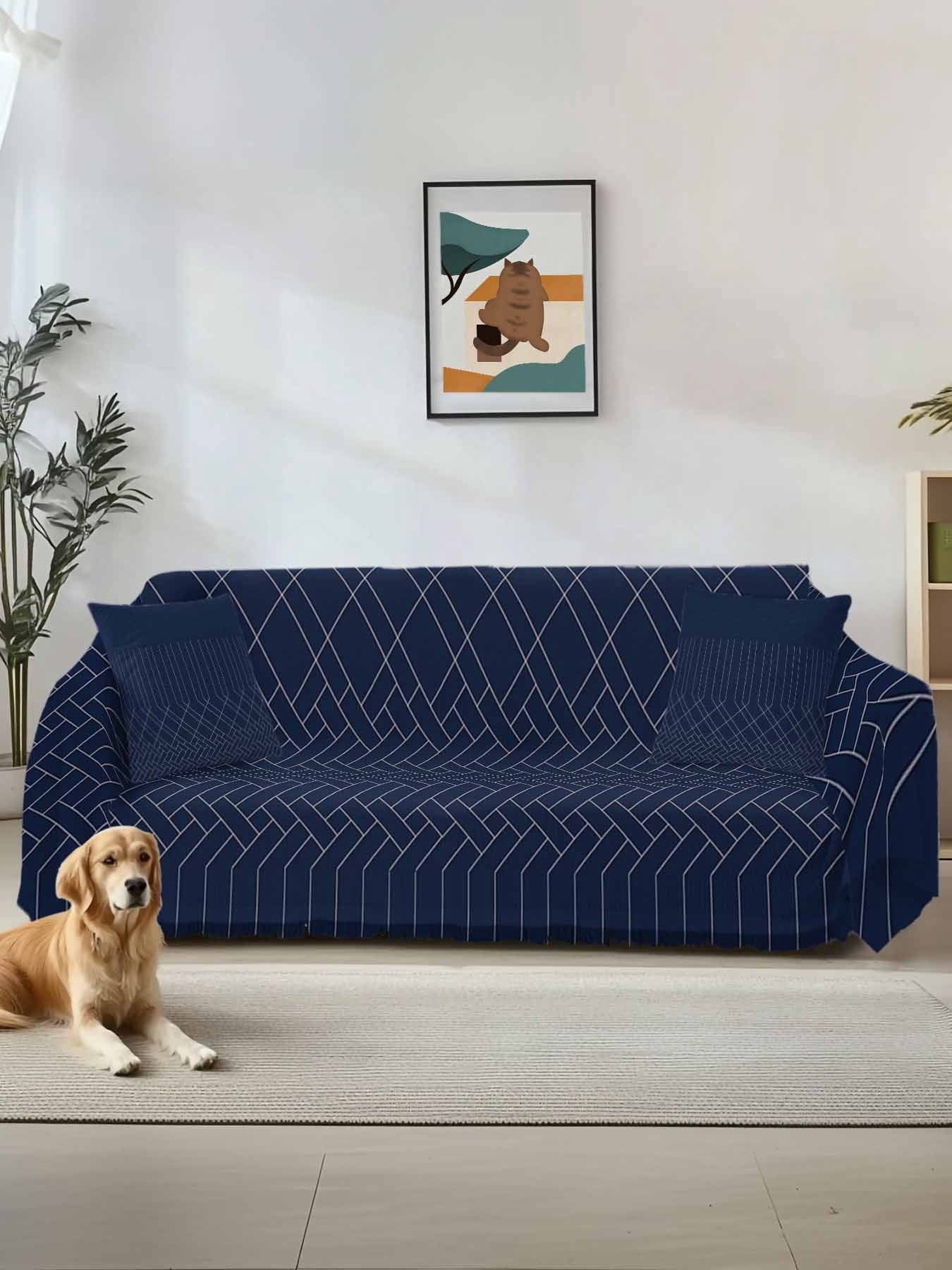 Navy Blue White Geometric Sofa Covers for 2-3 Cushion Couch L-Shaped ...