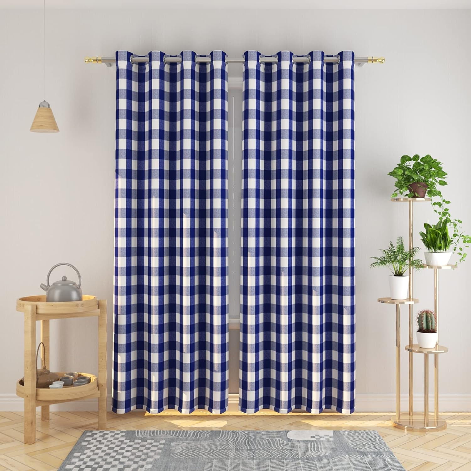 Navy Blue and White Gingham Plaid Window Curtain Panels 84 Inch Length ...