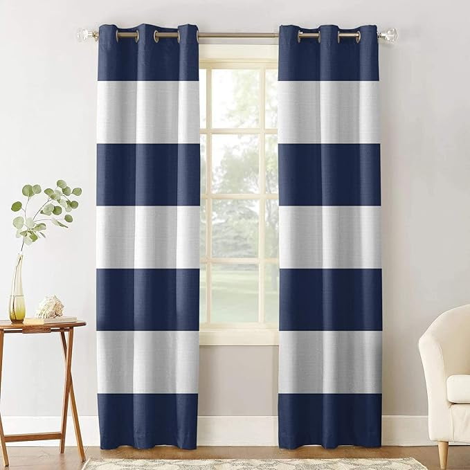 Navy Blue And White Horizontal Stripes Blackout Curtains, 3D Printed ...