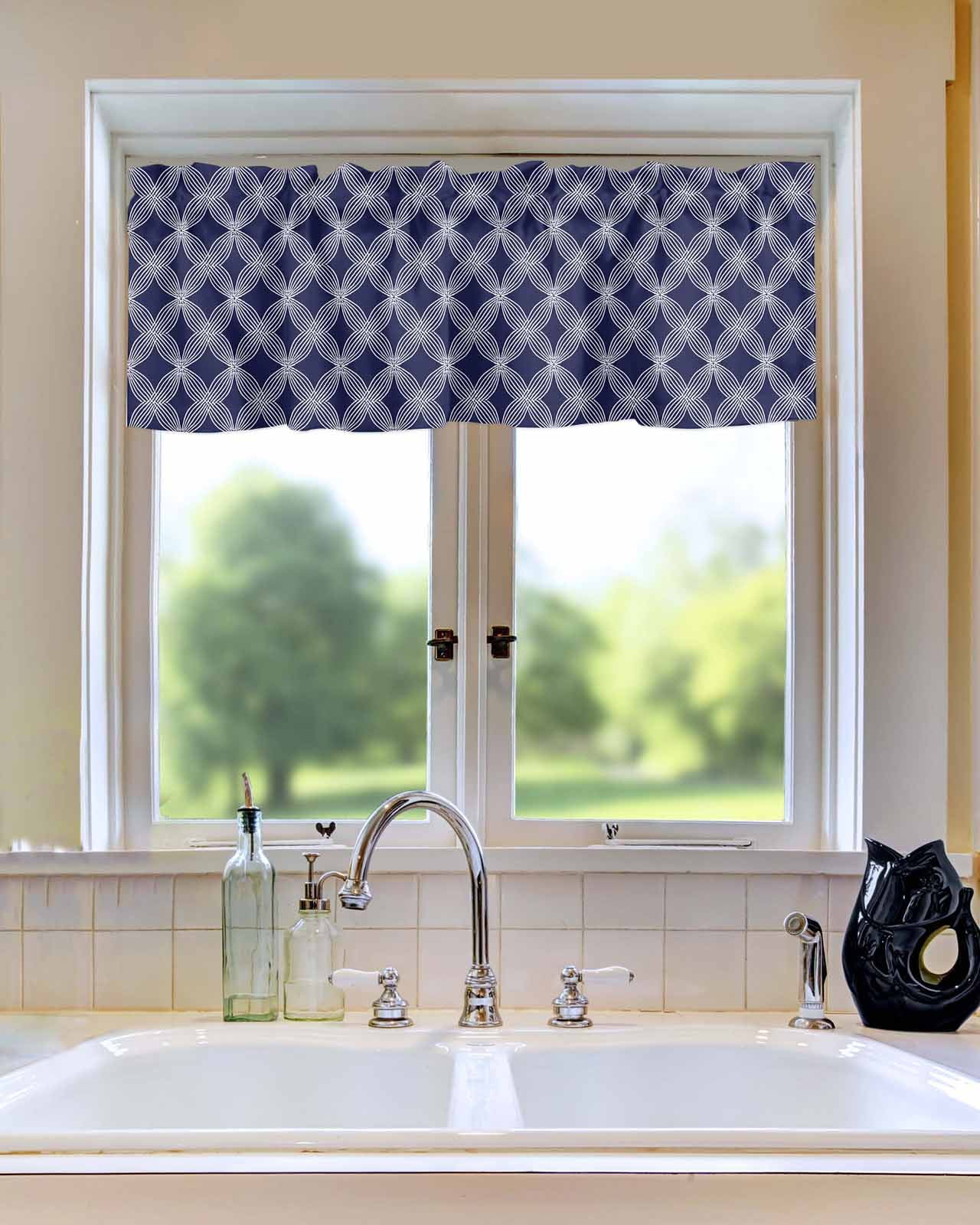 Navy Blue and White Interlocking Pattern Window Valances for Kitchen ...