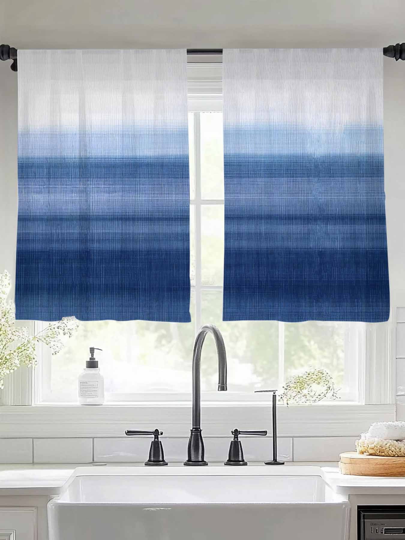 Navy Blue White Ombre Sheer Curtains for Living Room Bedroom Contemporary Minimalism Stripes ...