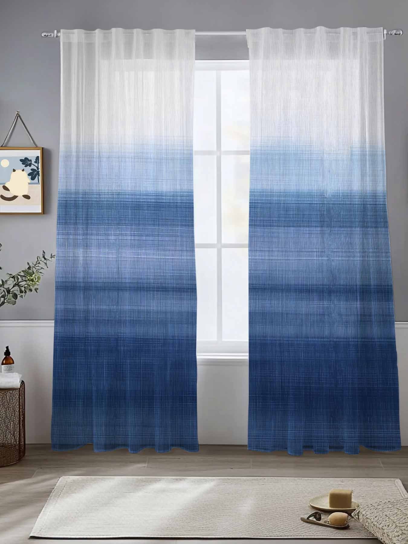 Navy Blue White Ombre Sheer Curtains for Living Room Bedroom Contemporary Minimalism Stripes ...
