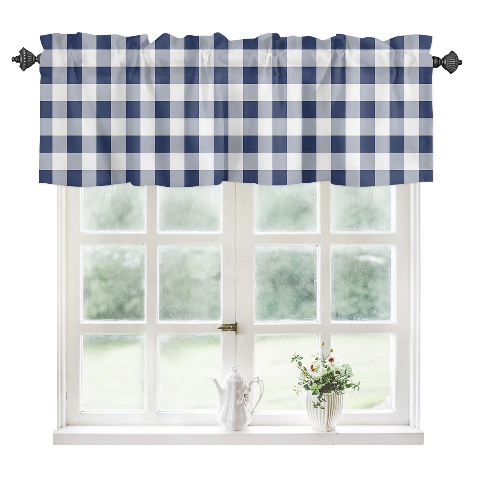 Navy Blue White Plaid Kitchen Valances for Windows 60x18 Inch Kitchen ...