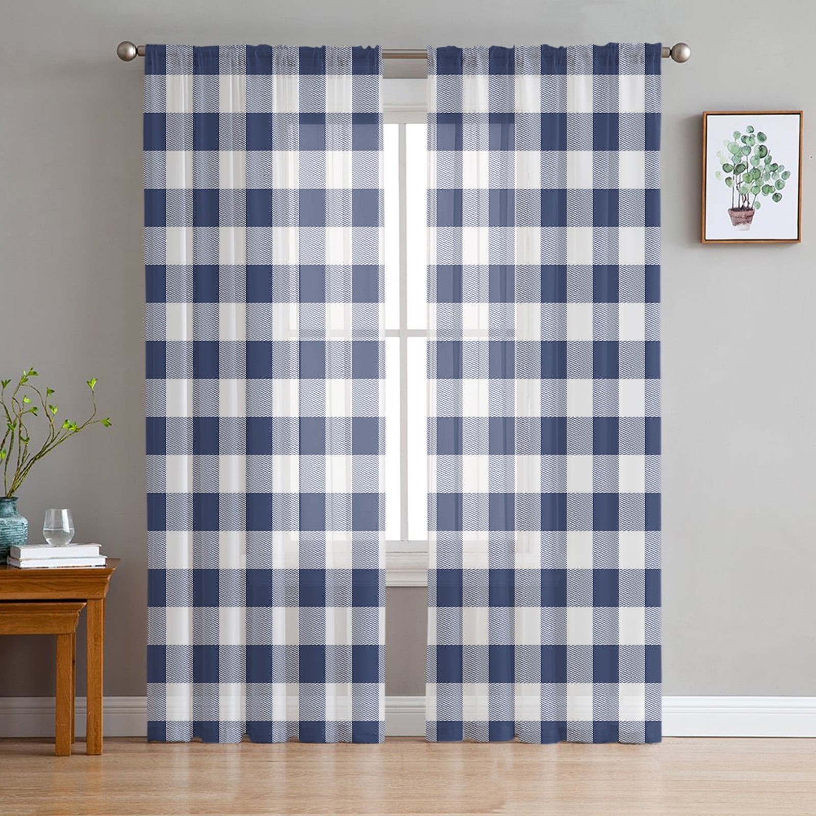 Navy Blue White Plaid Semi Sheer Curtains 72 Inch Length 2 Panels Set ...