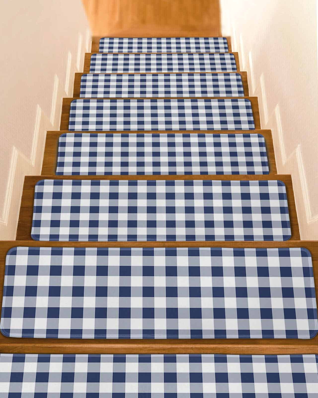 Navy Blue White Plaid Stair Treads for Wooden Steps Indoor Runner Rug ...