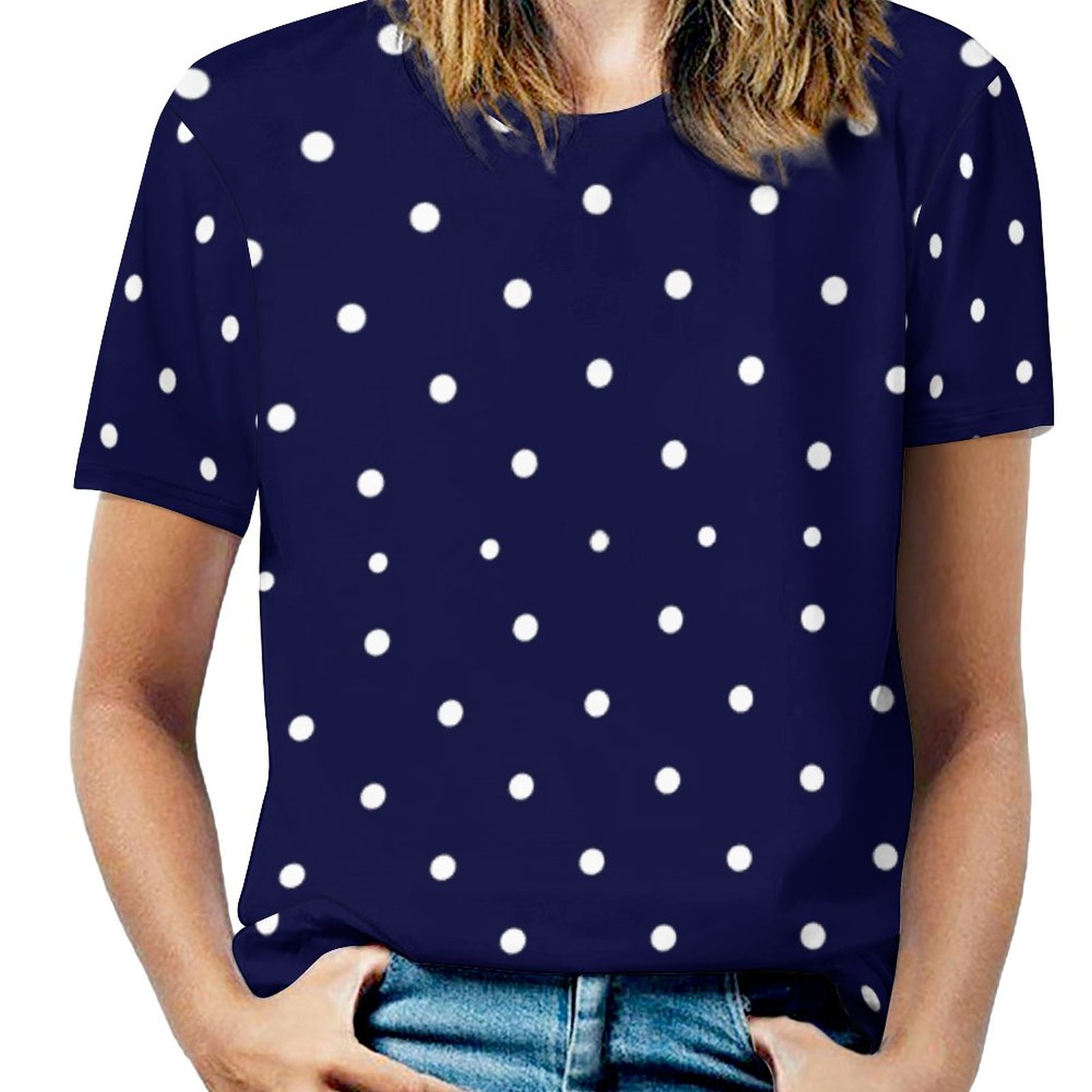 Navy Blue White Polka Dots Sexy And Club Fashion Female T-Shirt Short ...