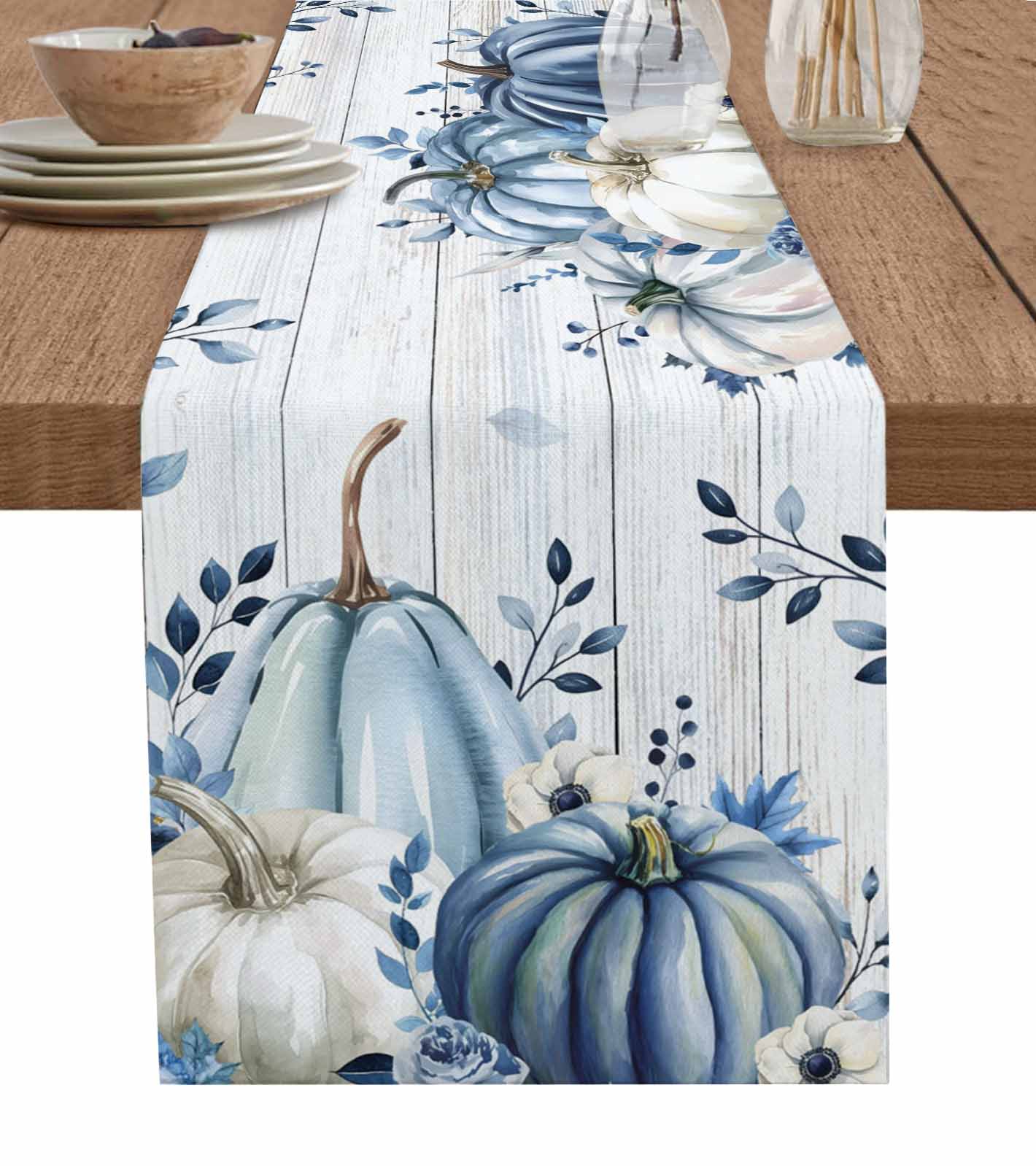 Navy Blue White Pumpkins Table Runner 120 Inches, Thanksgiving Fall ...