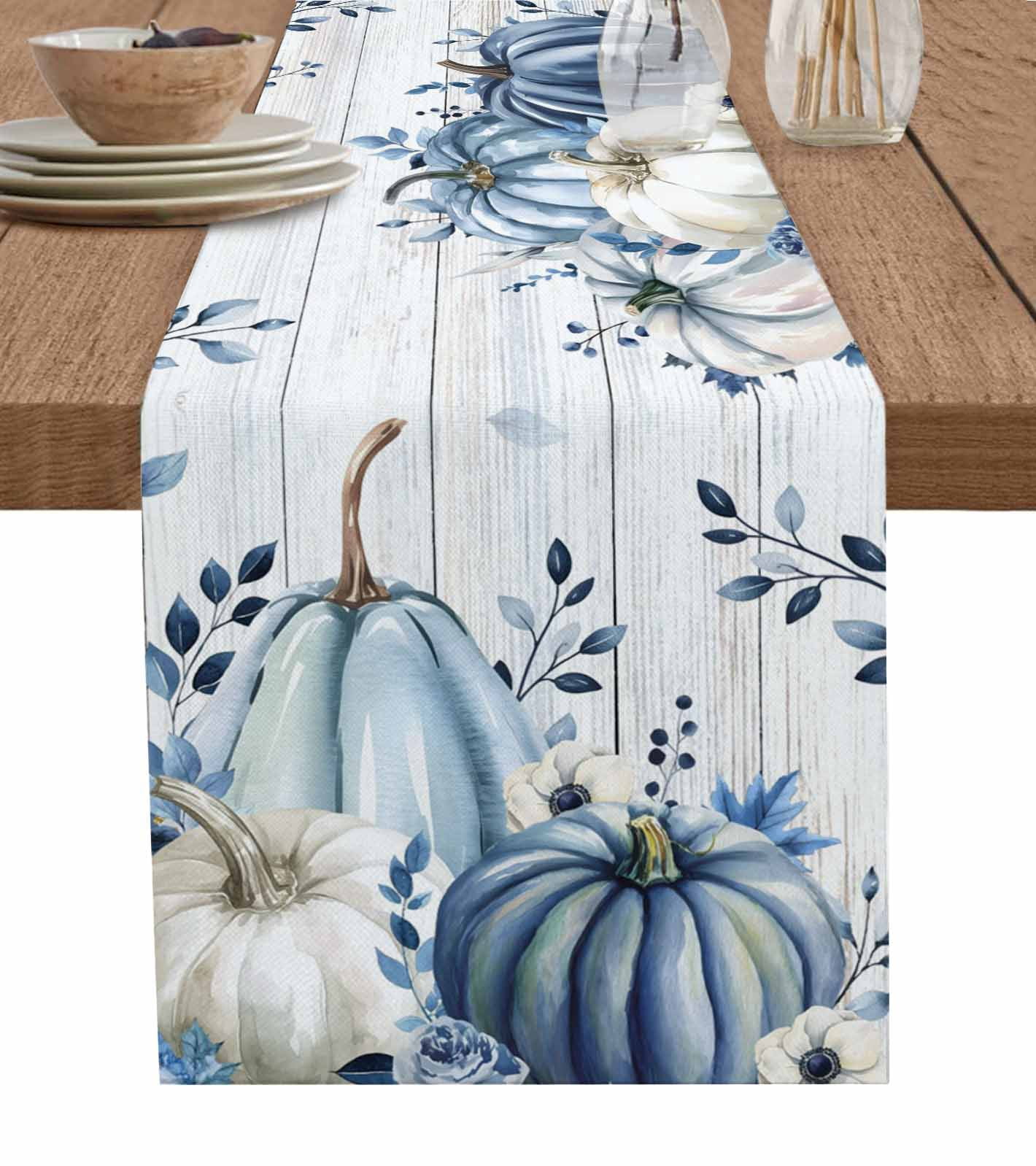 Navy Blue White Pumpkins Table Runner 72 Inches, Thanksgiving Fall Leaf ...