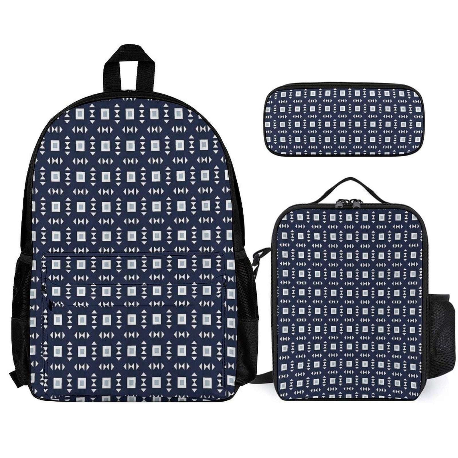 Navy Blue White Square Lattice Triangle Geometric 3PCS Backpack ...