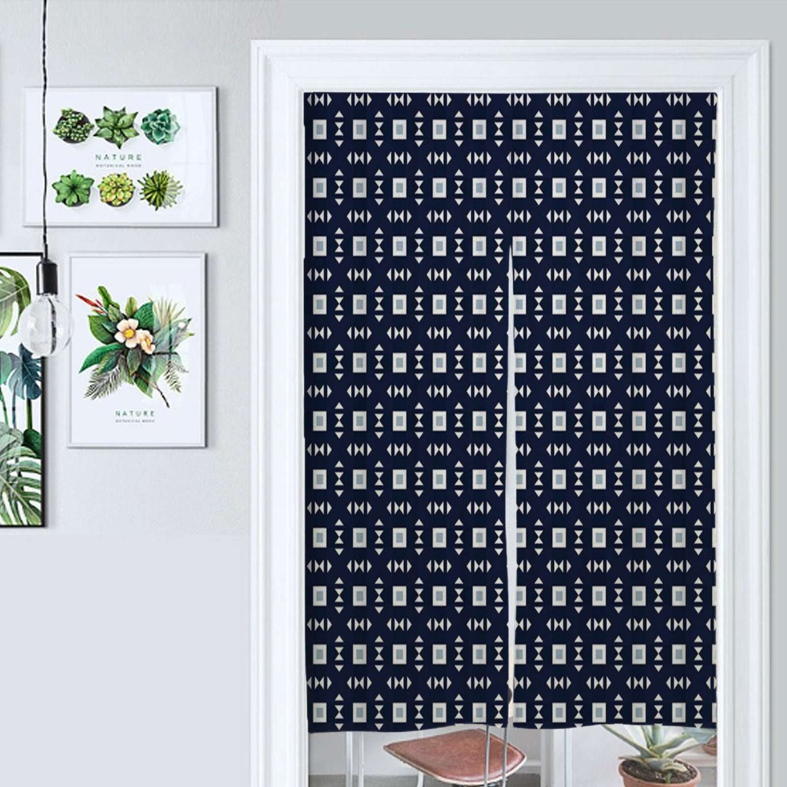 Navy Blue White Square Lattice Triangle Geometric Door Curtain Nordic ...