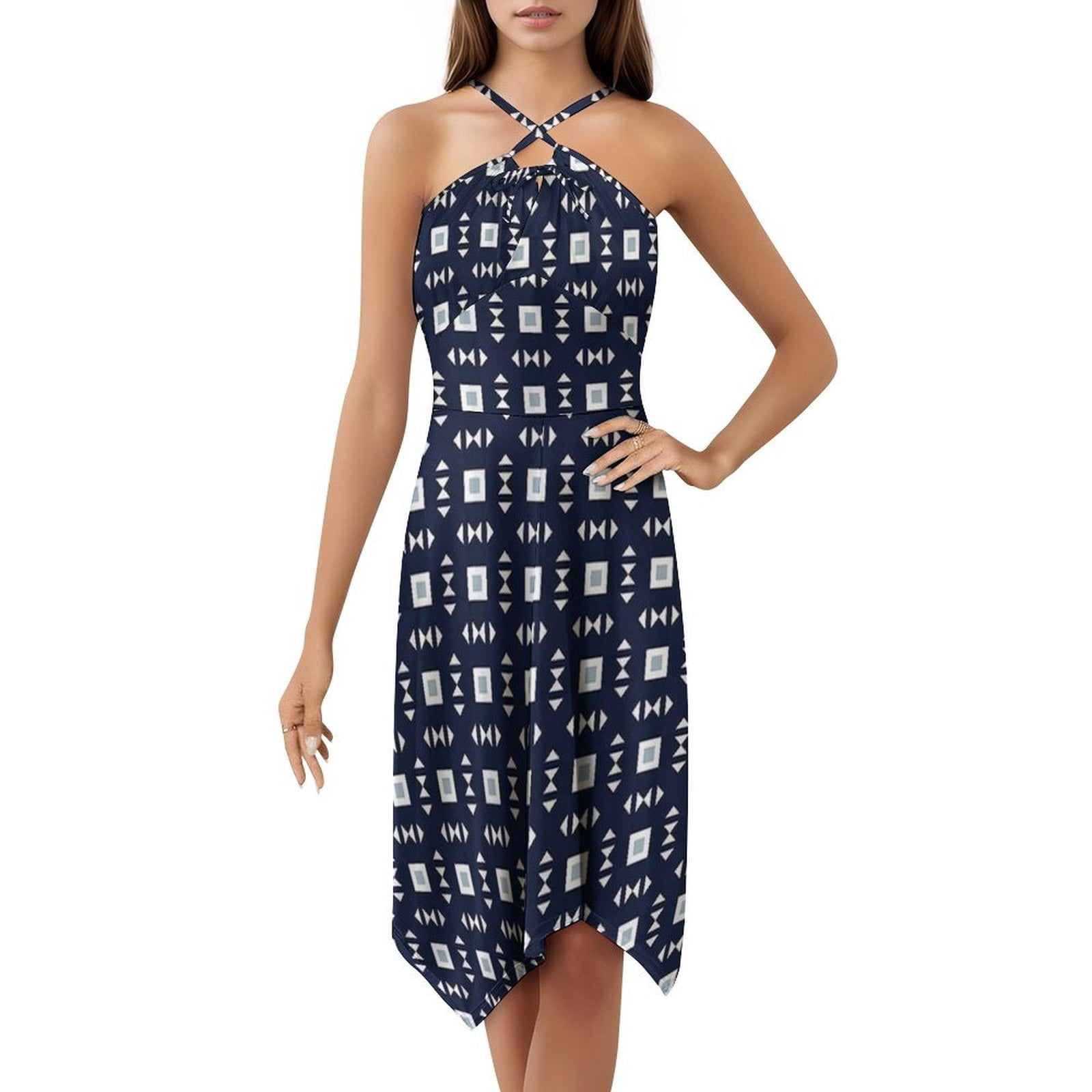 Navy Blue White Square Lattice Triangle Geometric Dress Elegant Party ...
