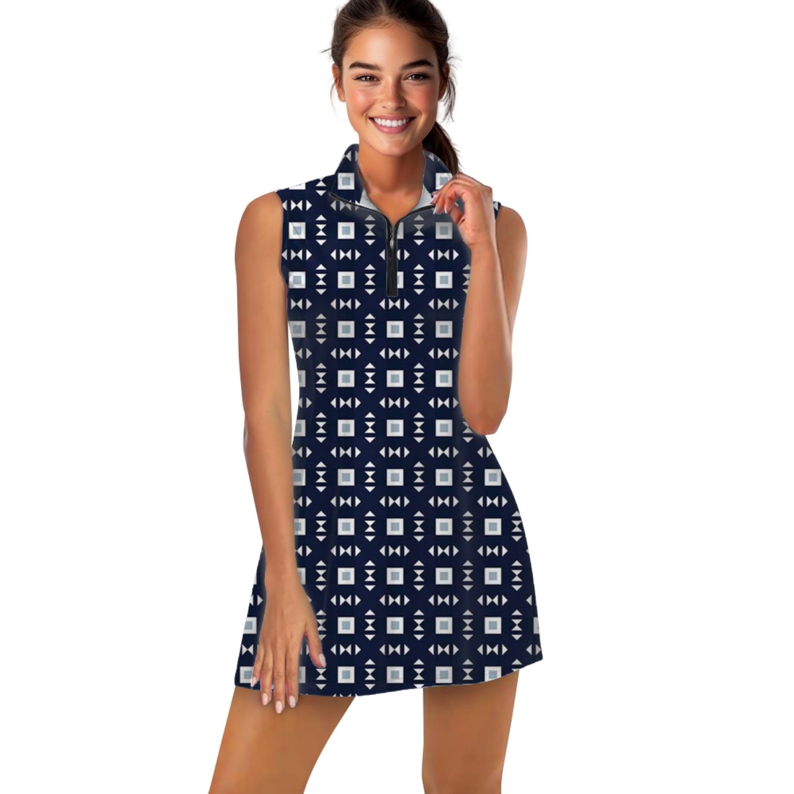 Navy Blue White Square Lattice Triangle Geometric Sports Dresses Women ...