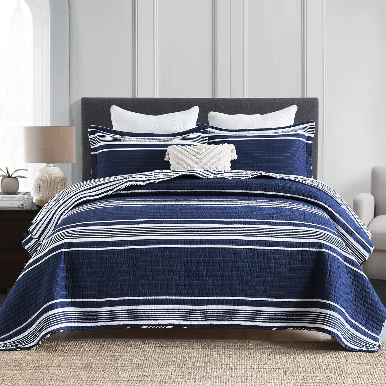 Navy Blue White Stripe Queen Quilt, 100% Cotton Striped Quilt Sets ...